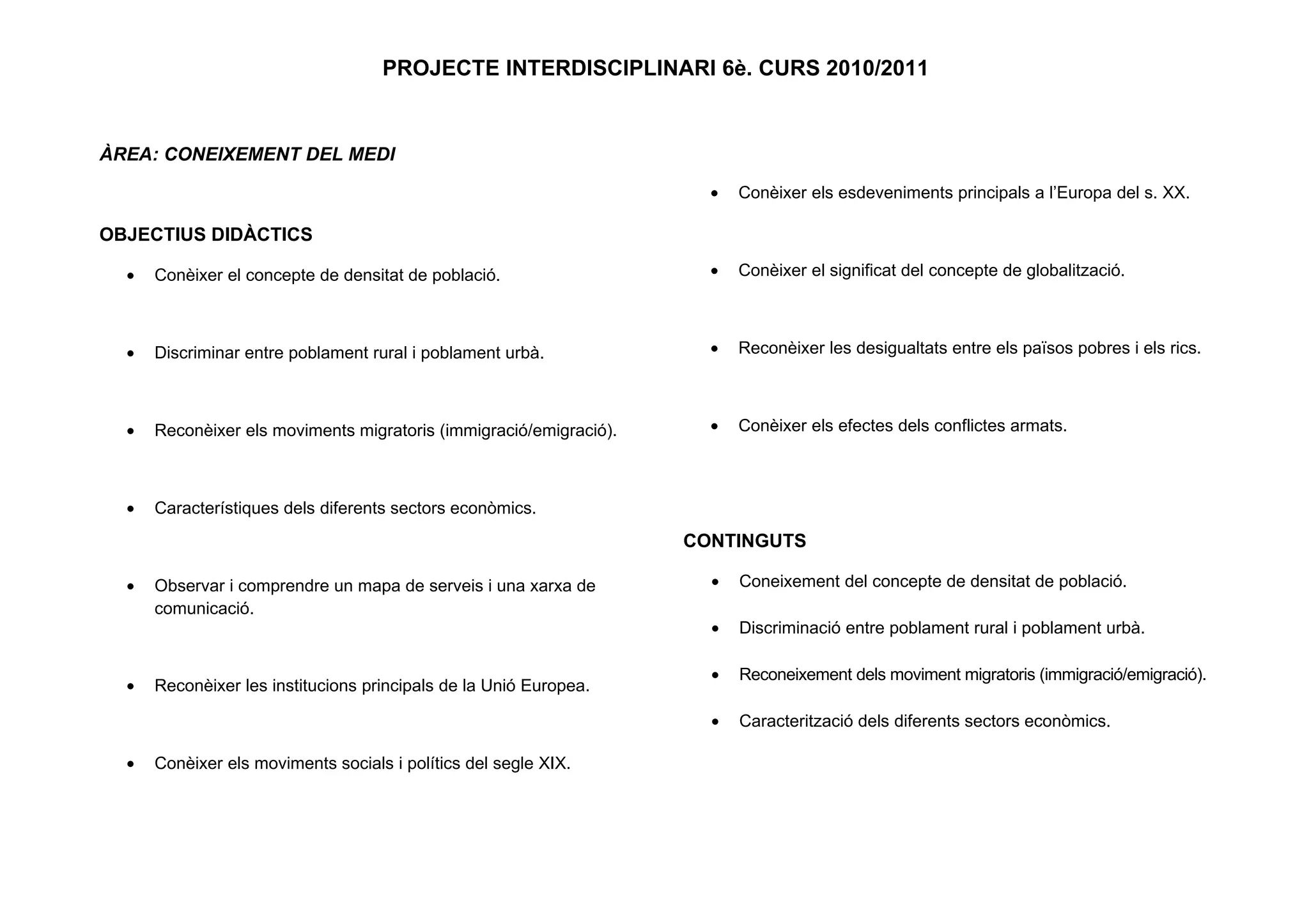 Objectius i continguts coneixement medi | DOC