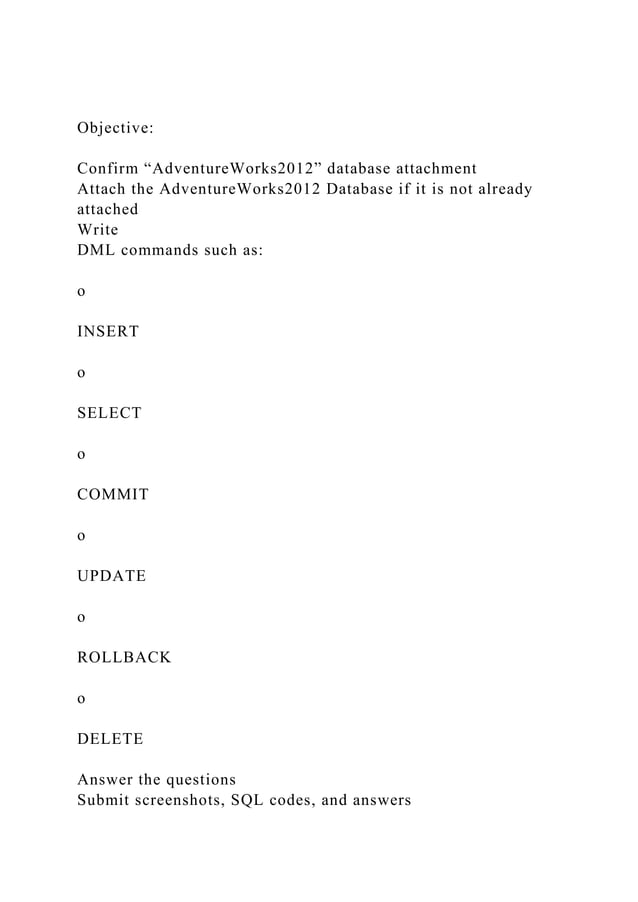 ObjectiveConfirm AdventureWorks2012” database attachmentAt.docx