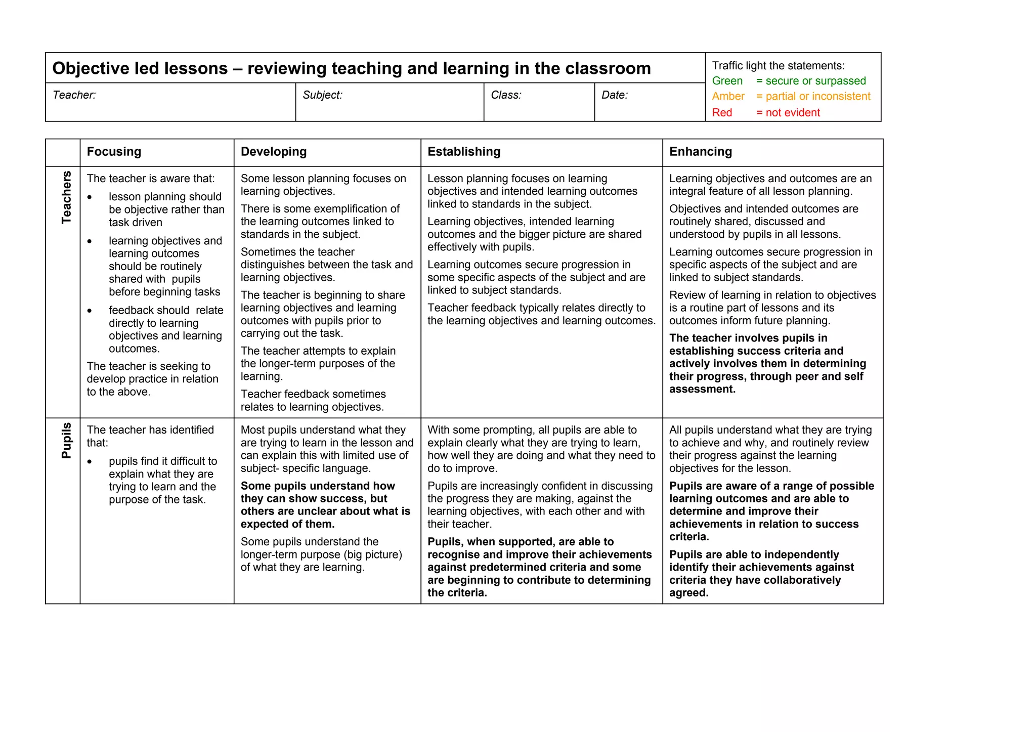 Objective led lessons_progression_table | DOC