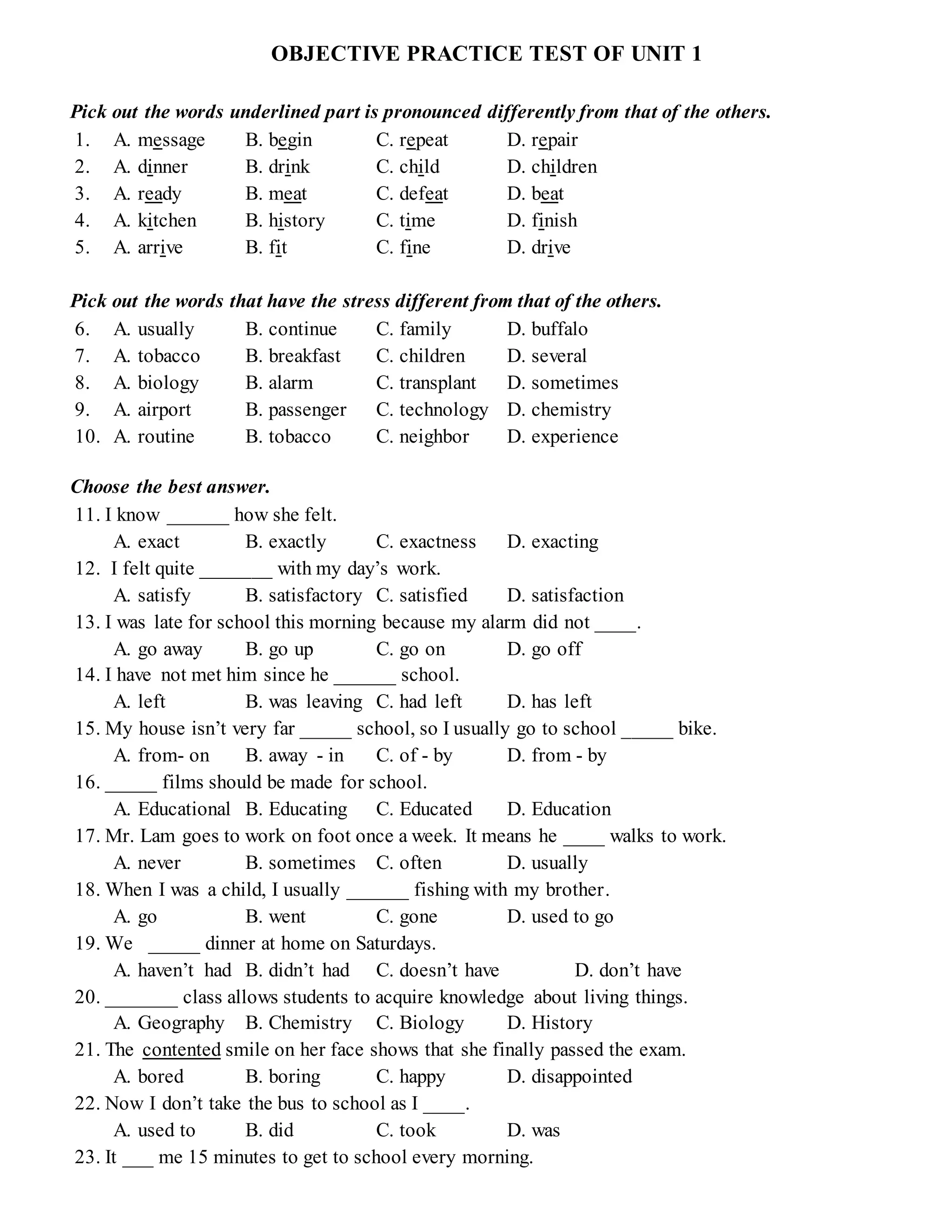 Objective Practice Test Of Unit 1 2 3 Docx Air Travel Travel Type