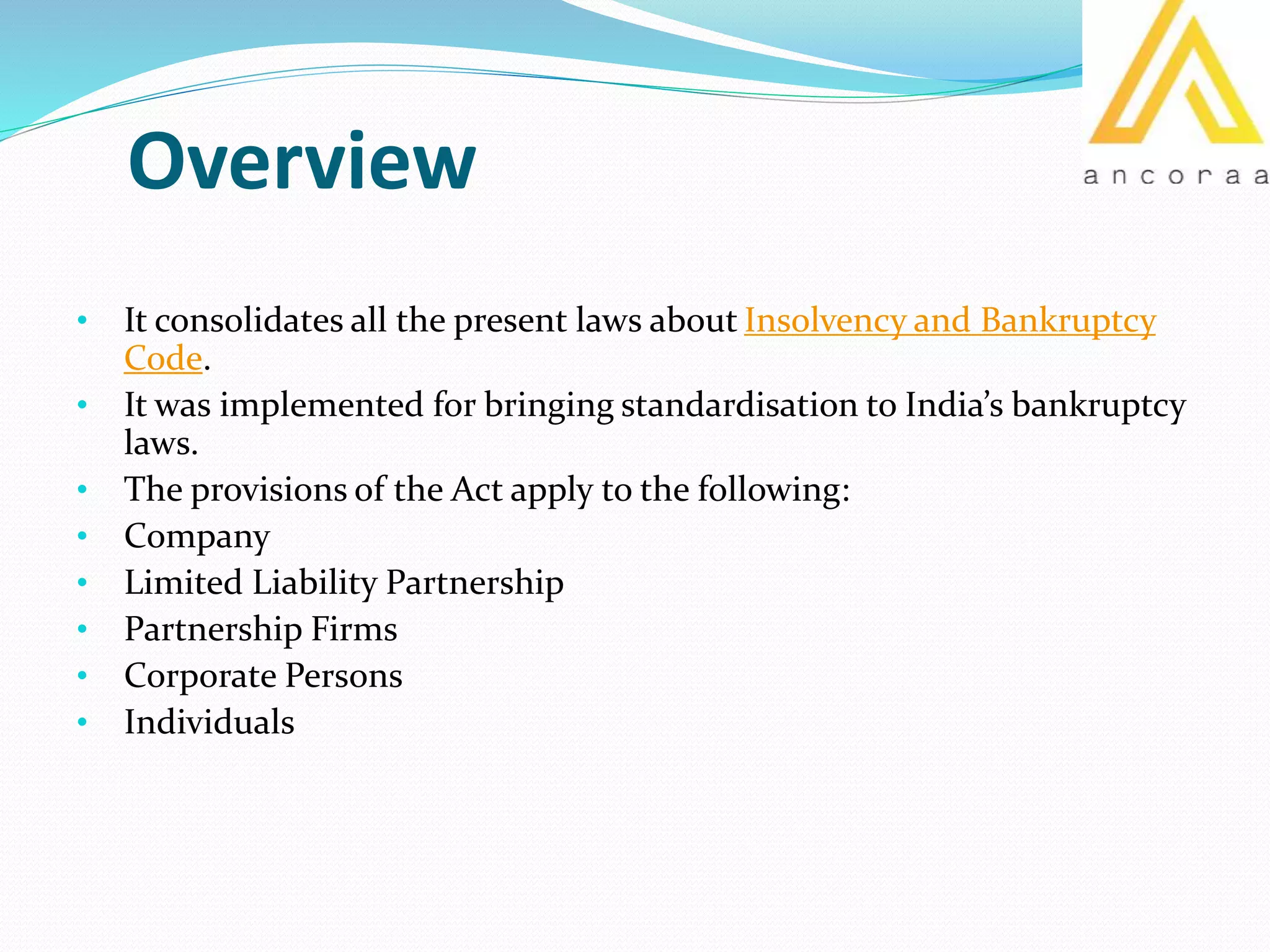 Objectives and Procedure of Insolvency and Bankruptcy Code | PPTX