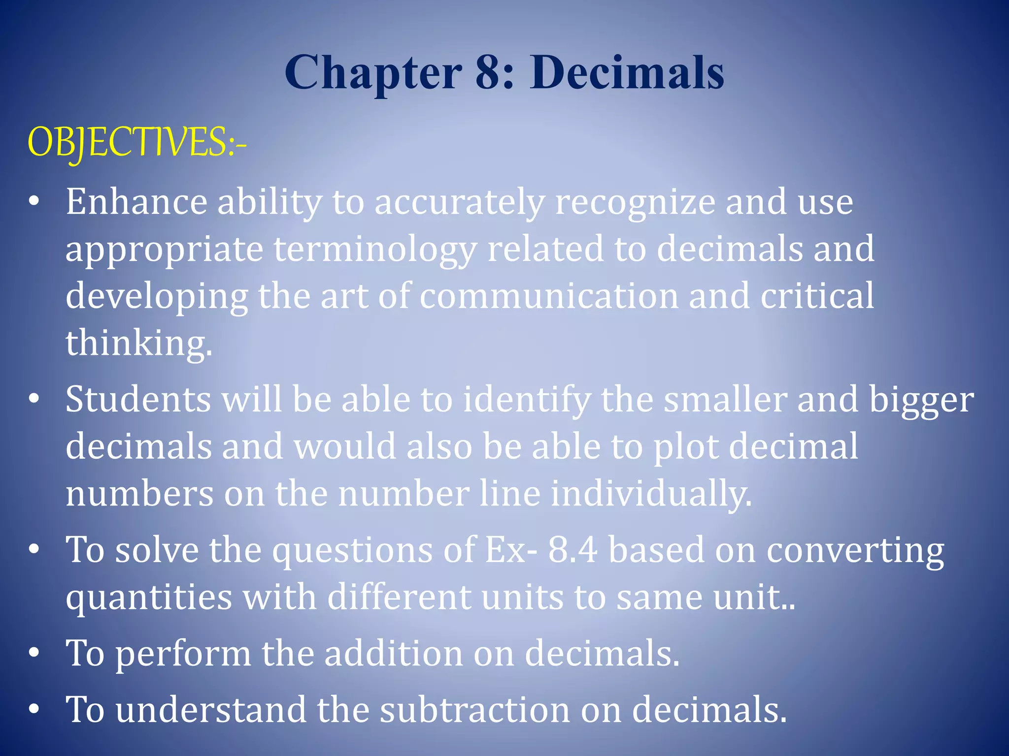 Objectives of decimals copy | PPTX | Education