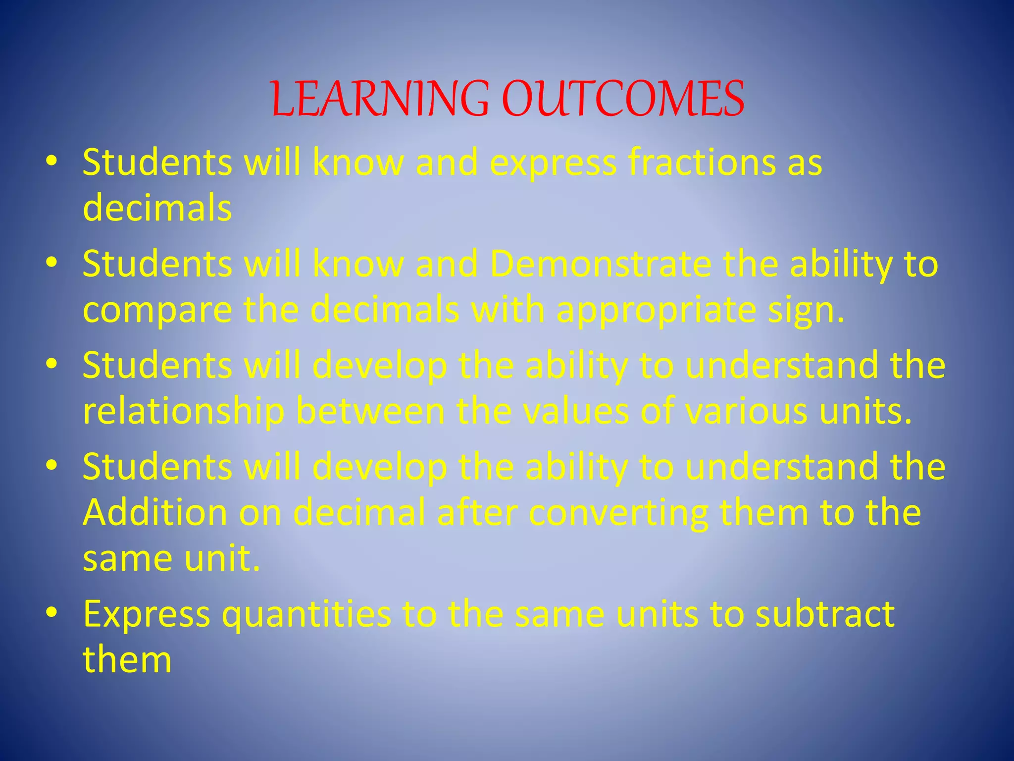 Objectives of decimals copy | PPTX | Education
