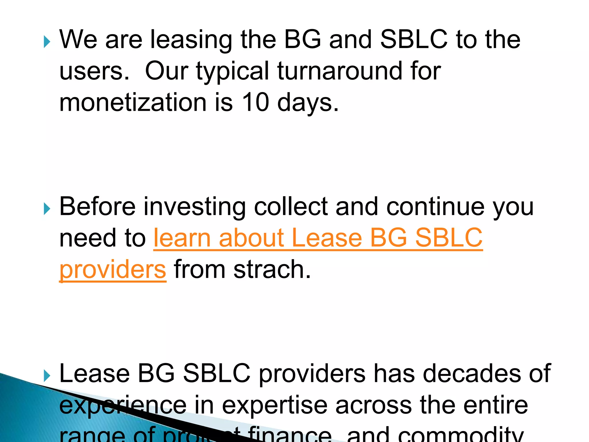 Objectives of Lease BG SBLC Providers | PPT