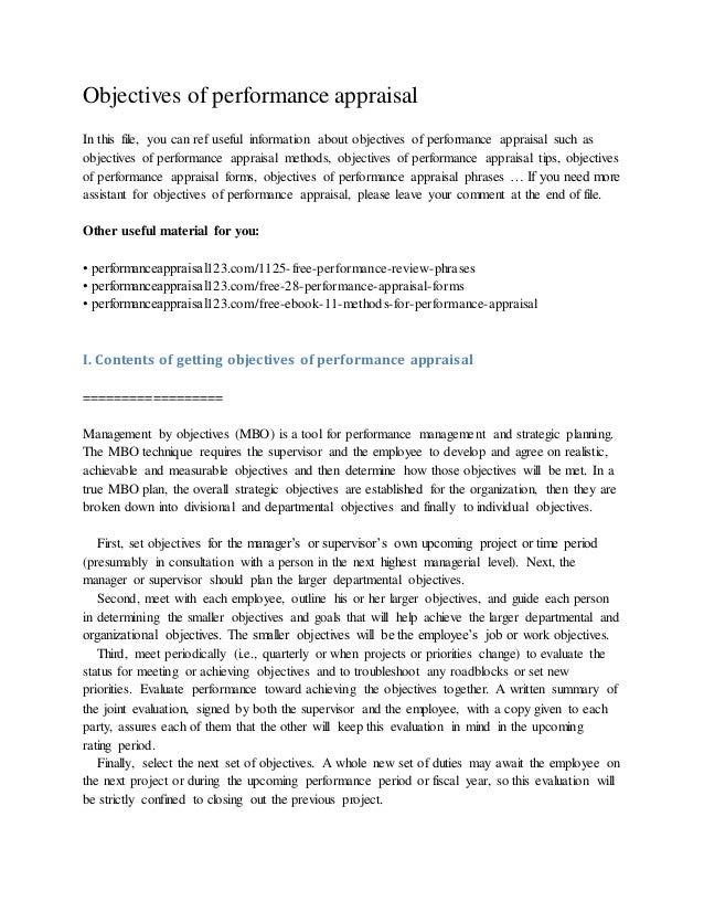 Objectives of performance appraisal