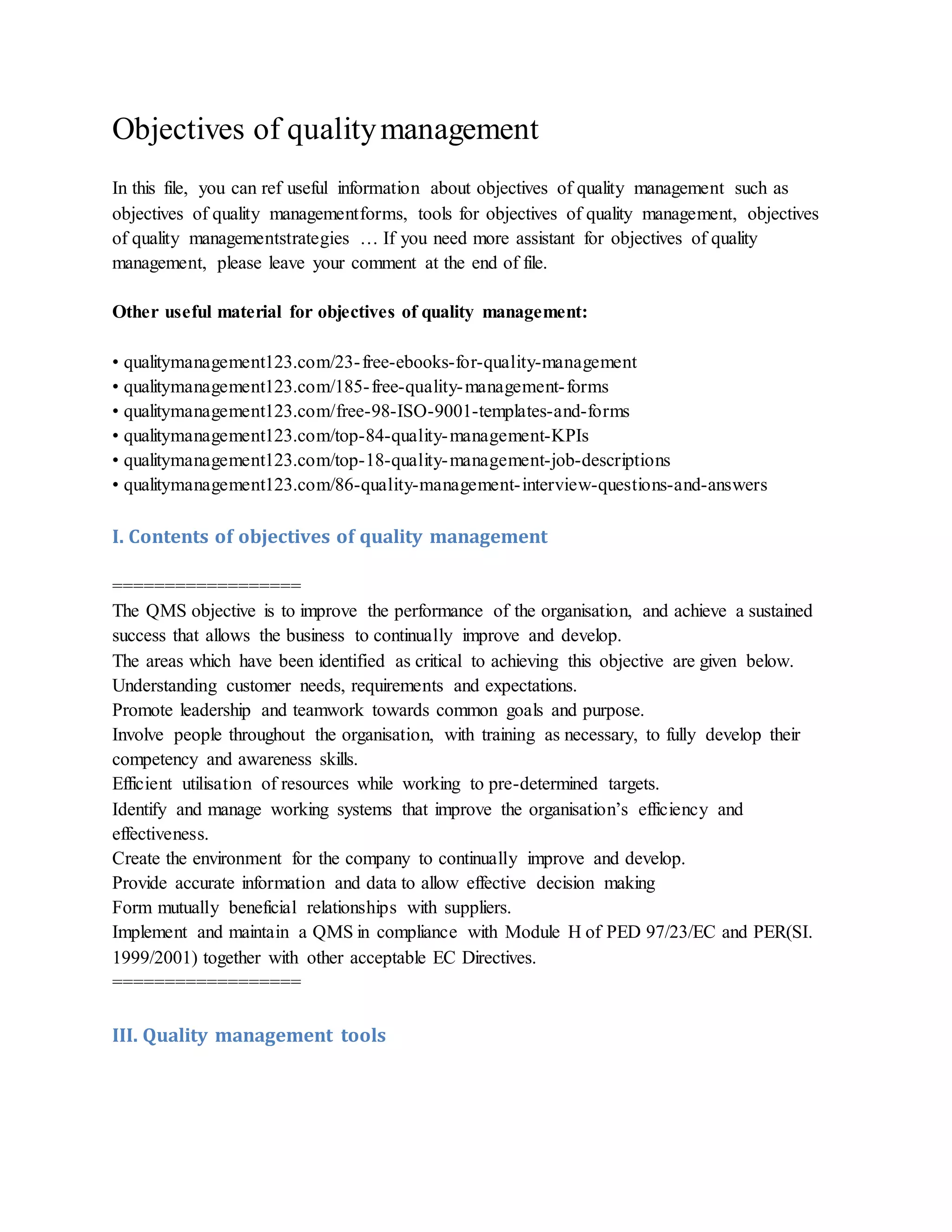 Objectives of quality management | PDF