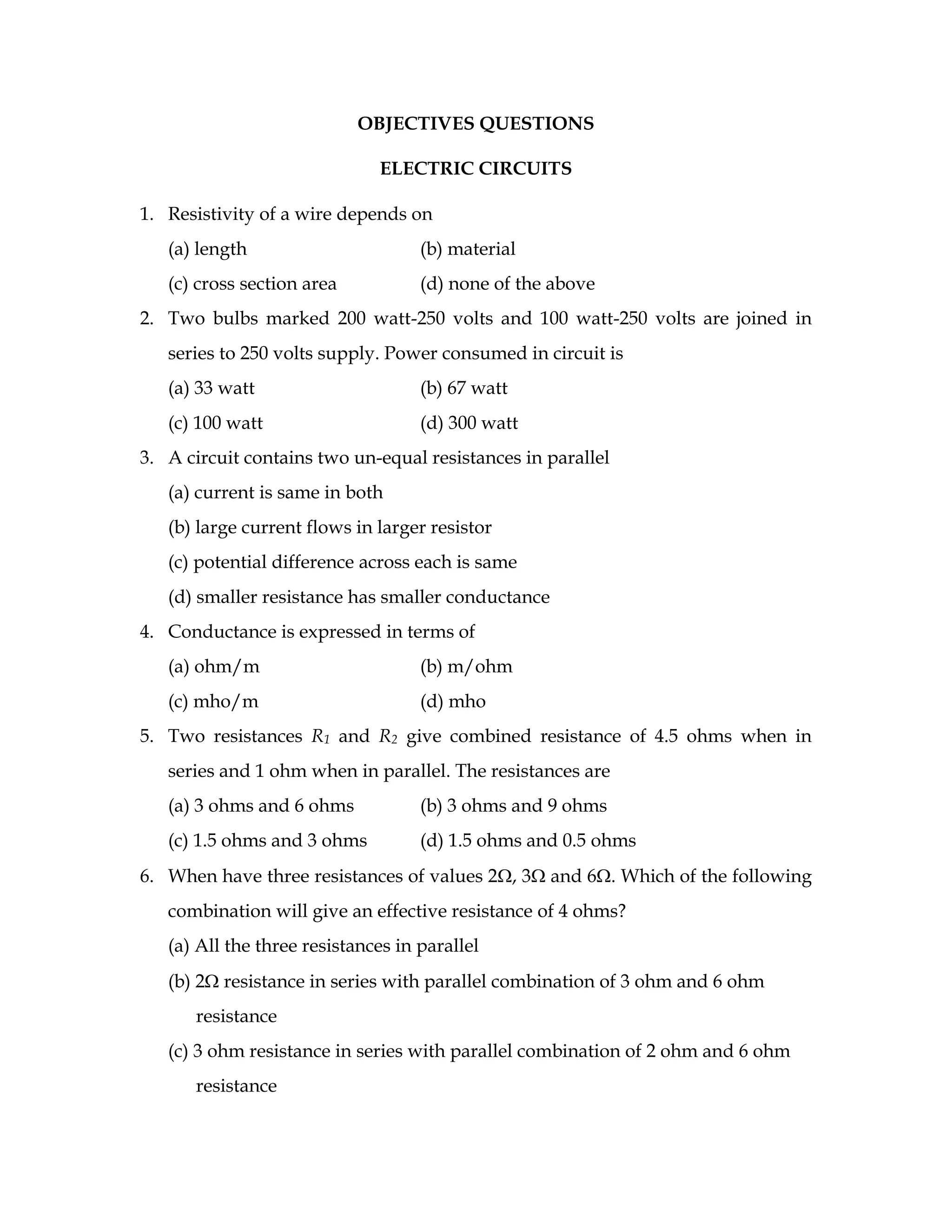 Electrical Circuits Objective Type Questions - Mathan | PDF