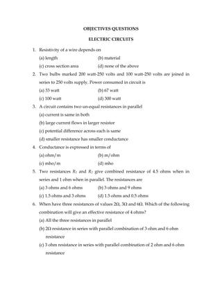 Electrical Circuits Objective Type Questions - Mathan | PDF