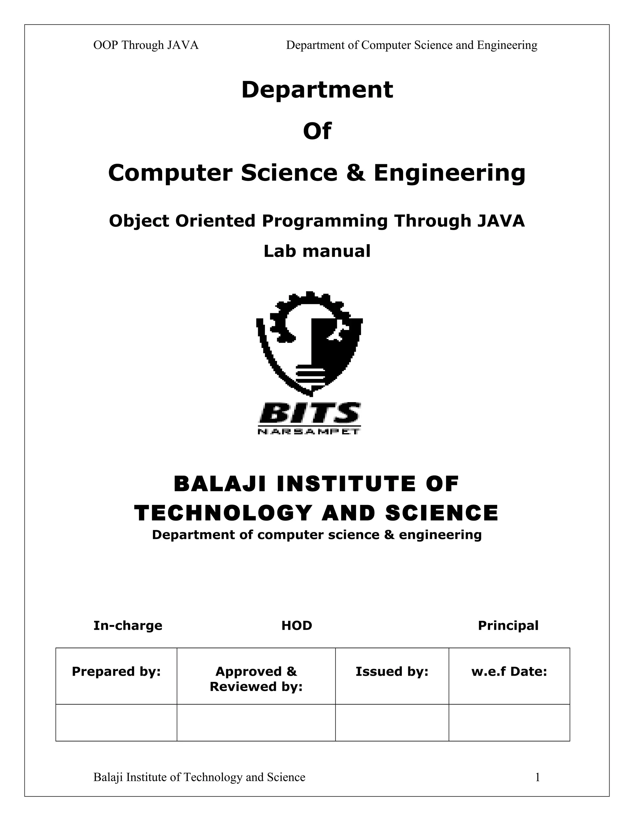 Object Oriented Programming La Bmanual Jntu Doc Programming Languages Computing