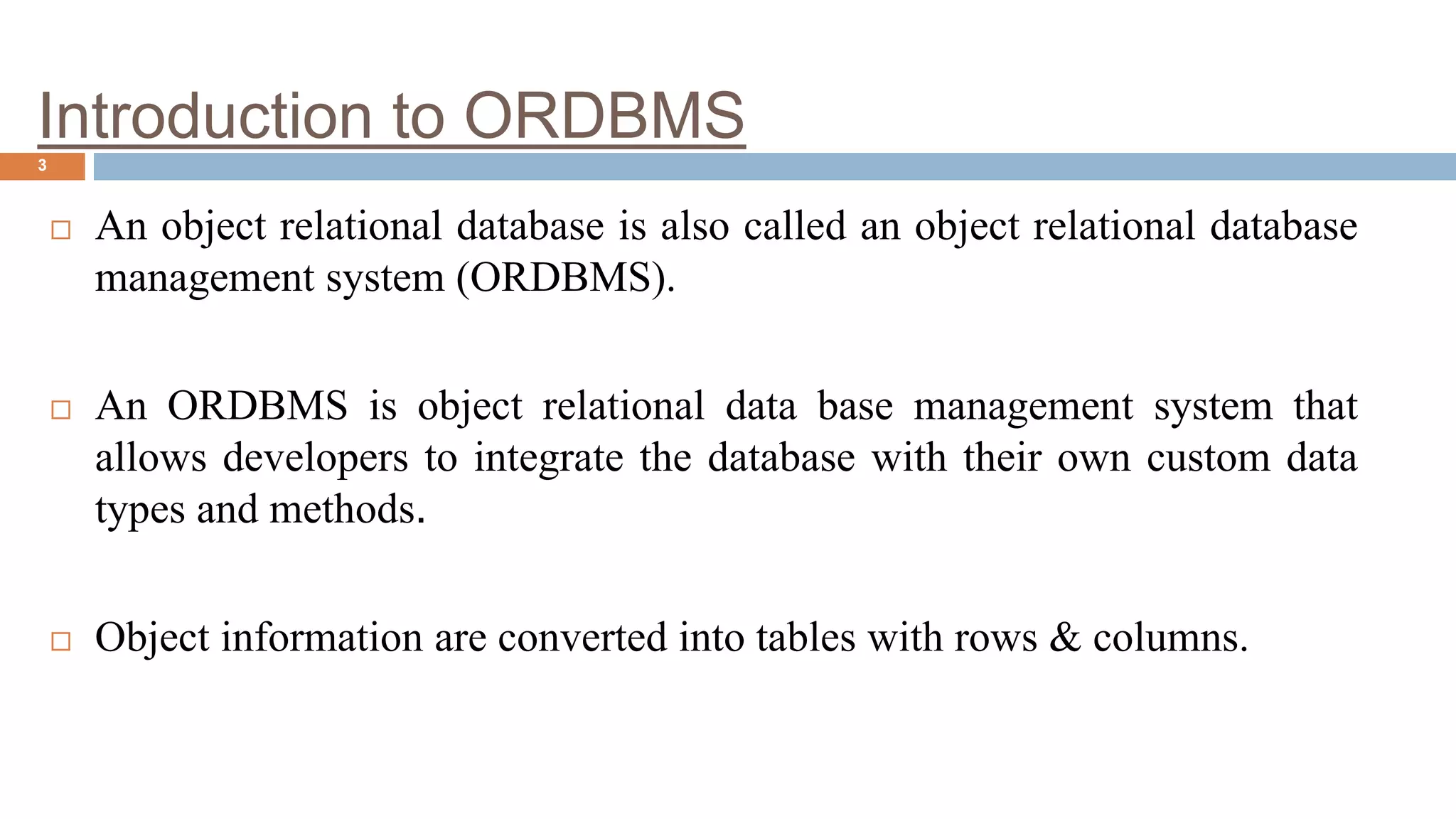Object relational database management system | PPTX | Databases | Computer Software and Applications