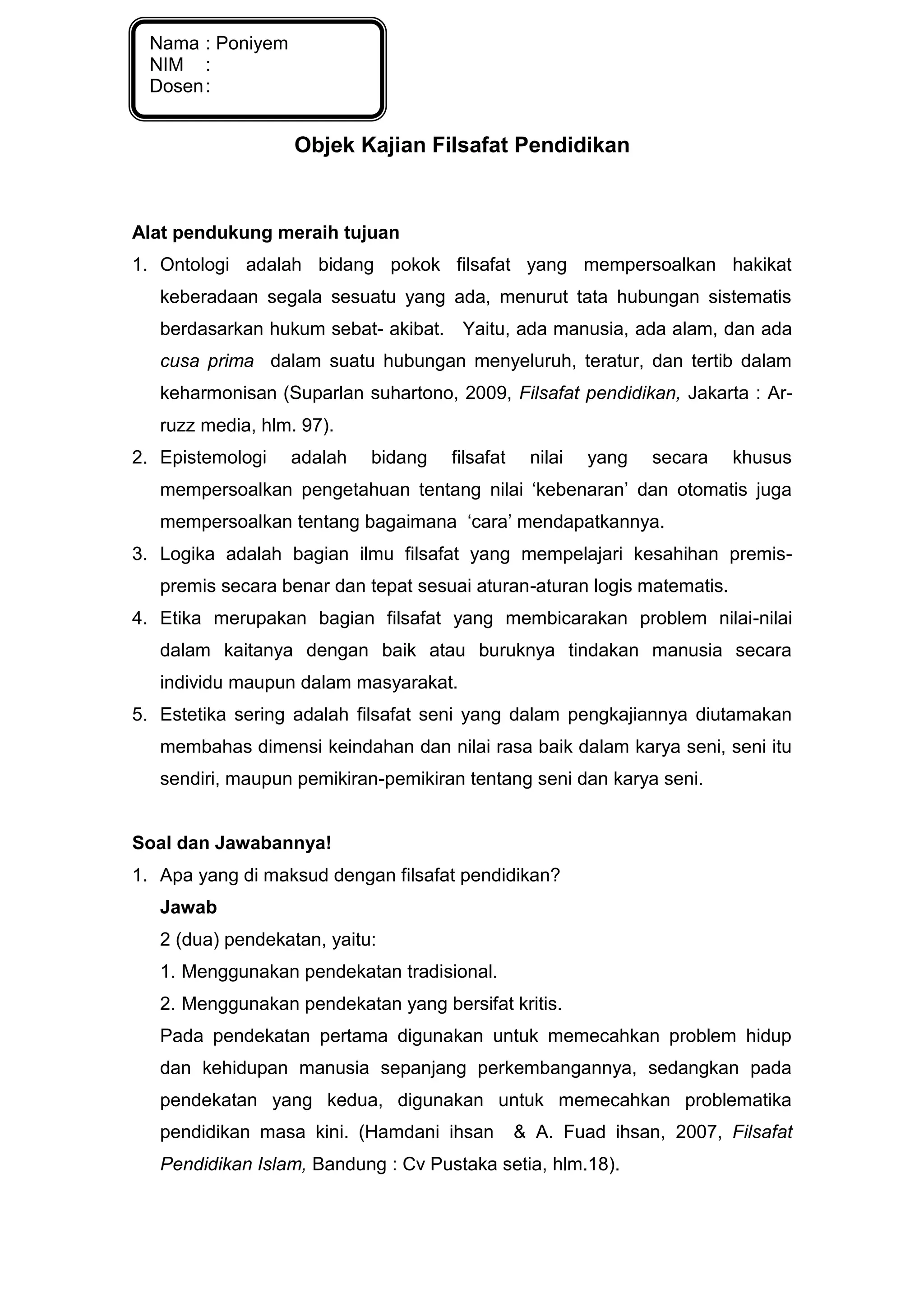 Objek kajian filsafat pendidikan | DOC