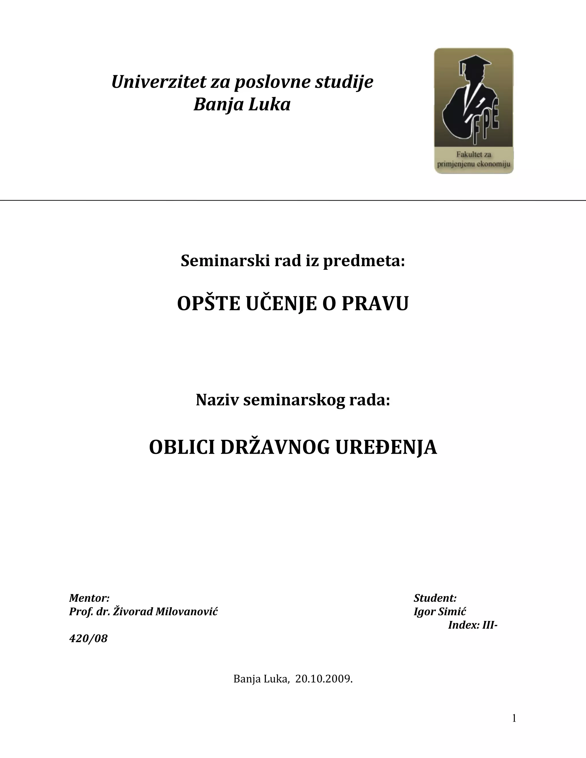 Oblici drzavnog uredjenja opste ucenje o pravu | DOC