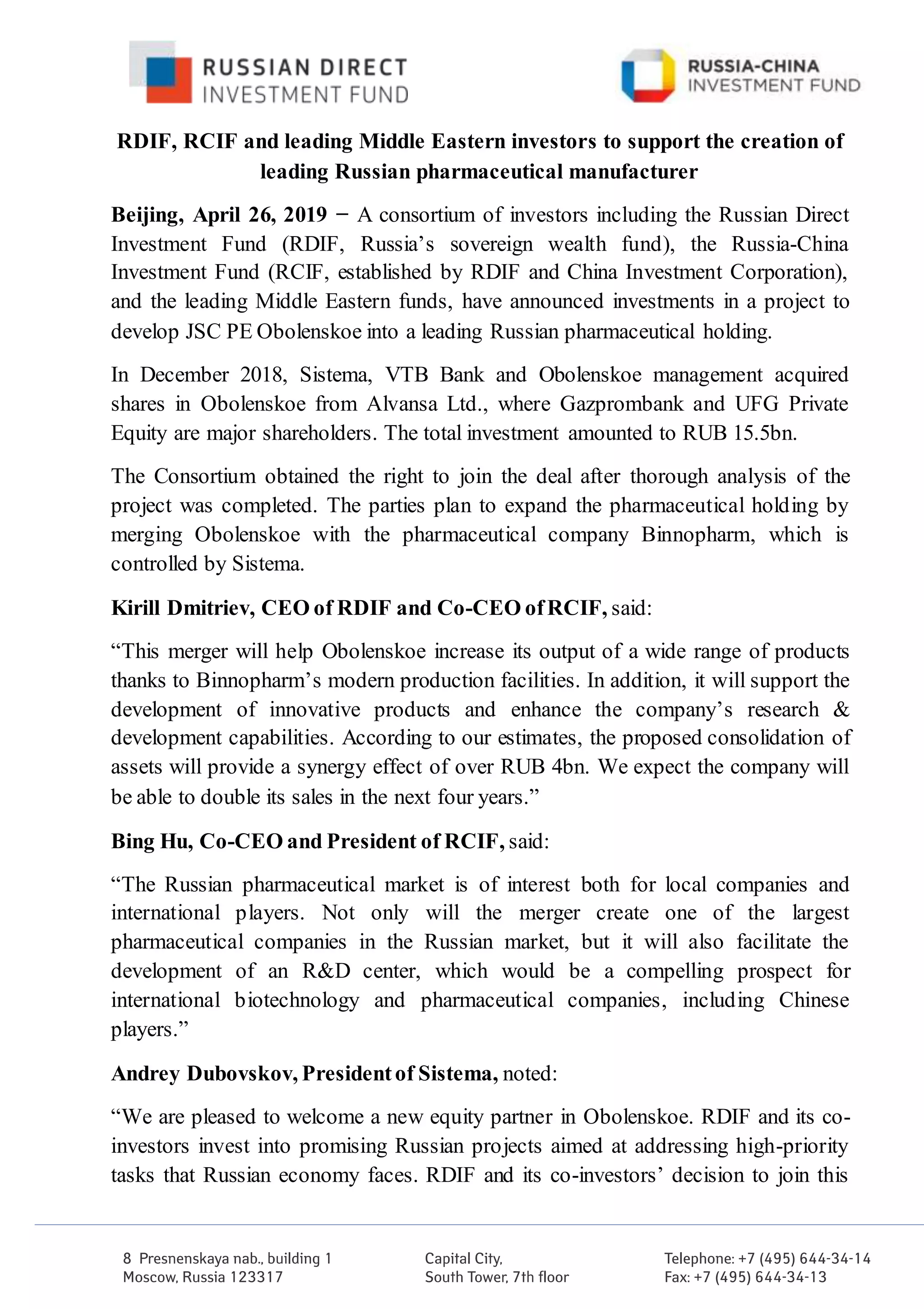 RDIF, RCIF and leading Middle Eastern investors to support the creation ...