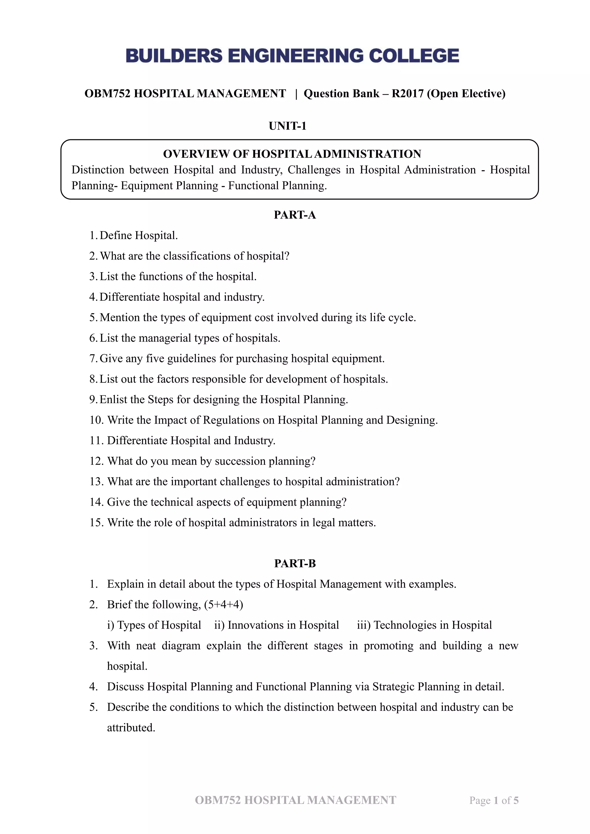 OBM752 Hospital Management Question Bank | PDF