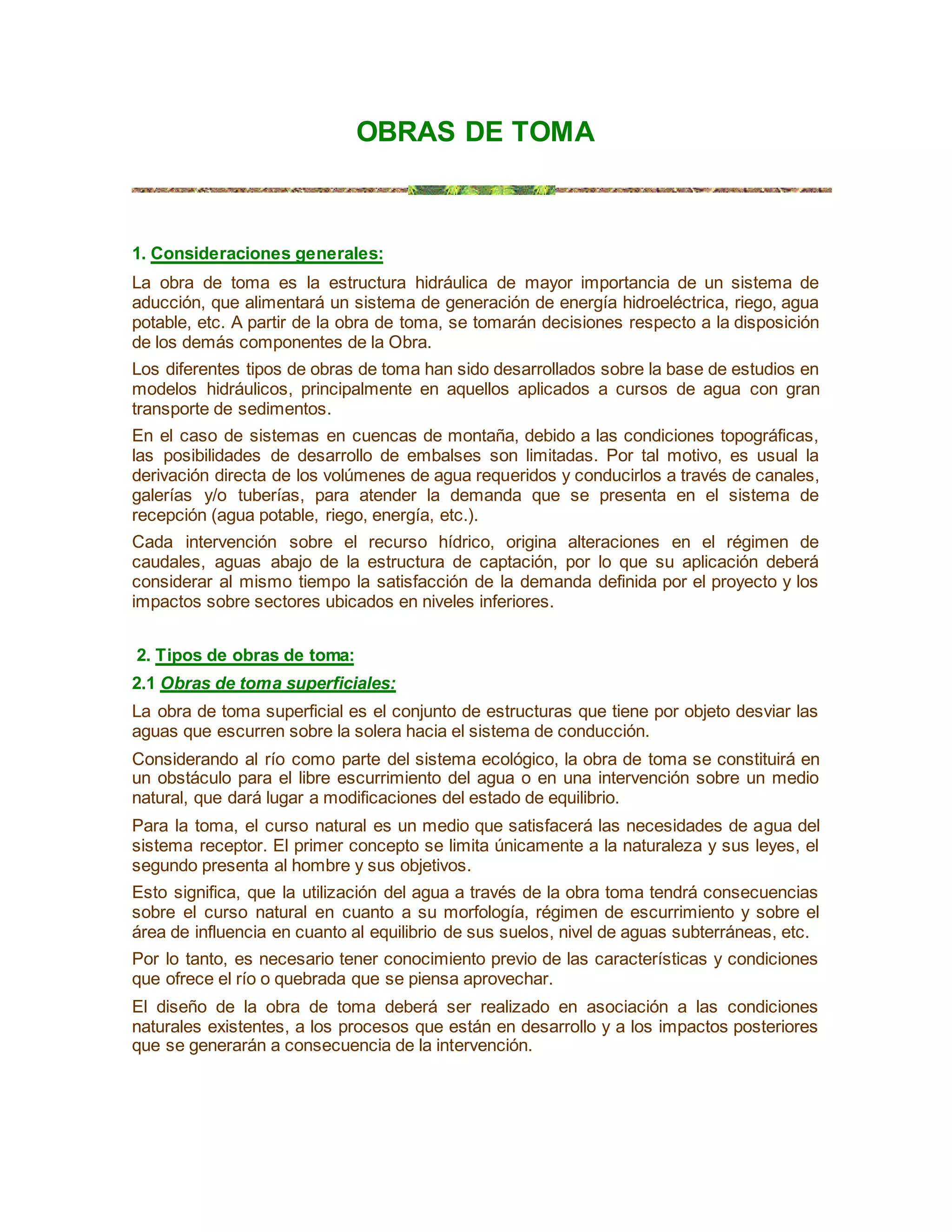 Obras de toma | DOCX | Civil Engineering Industry | Industries