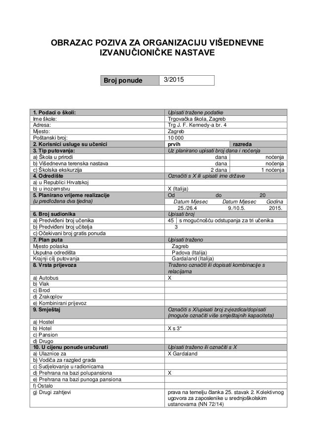Obrazac poziva za organizaciju višednevne izvanučioničke nastave