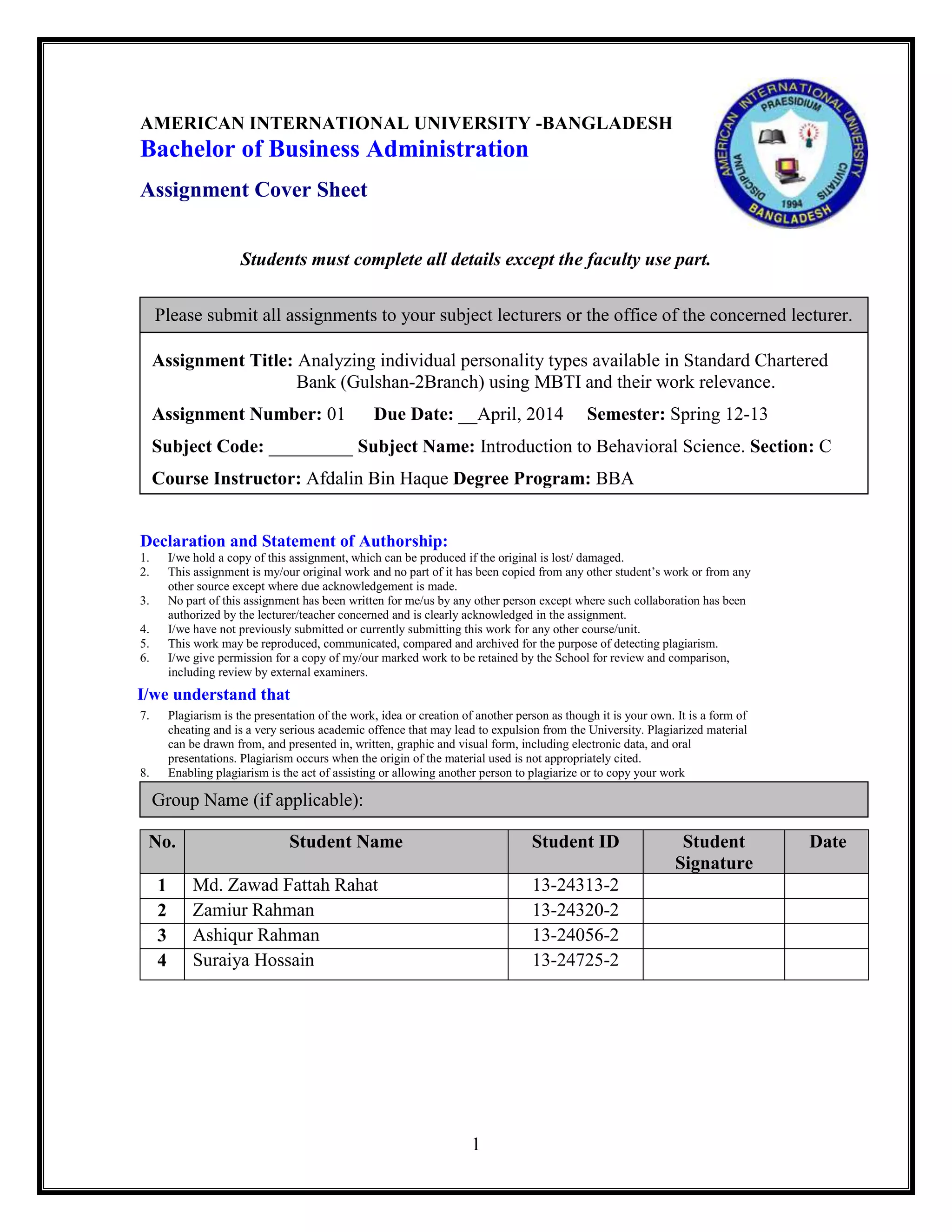 MBTI reseach paper in standard Chartered Bank | DOC