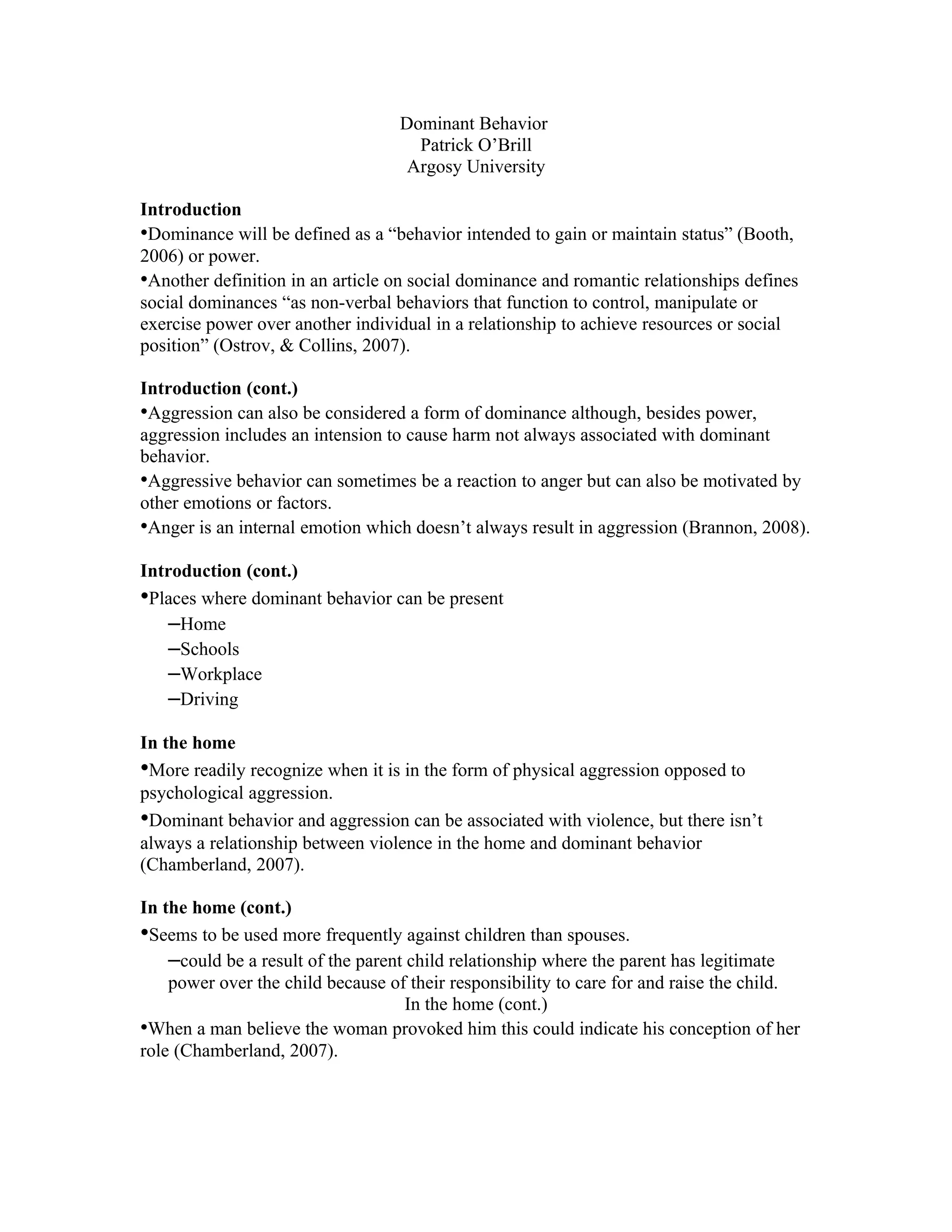 O Brilll Dominant Behavior Notes | DOC