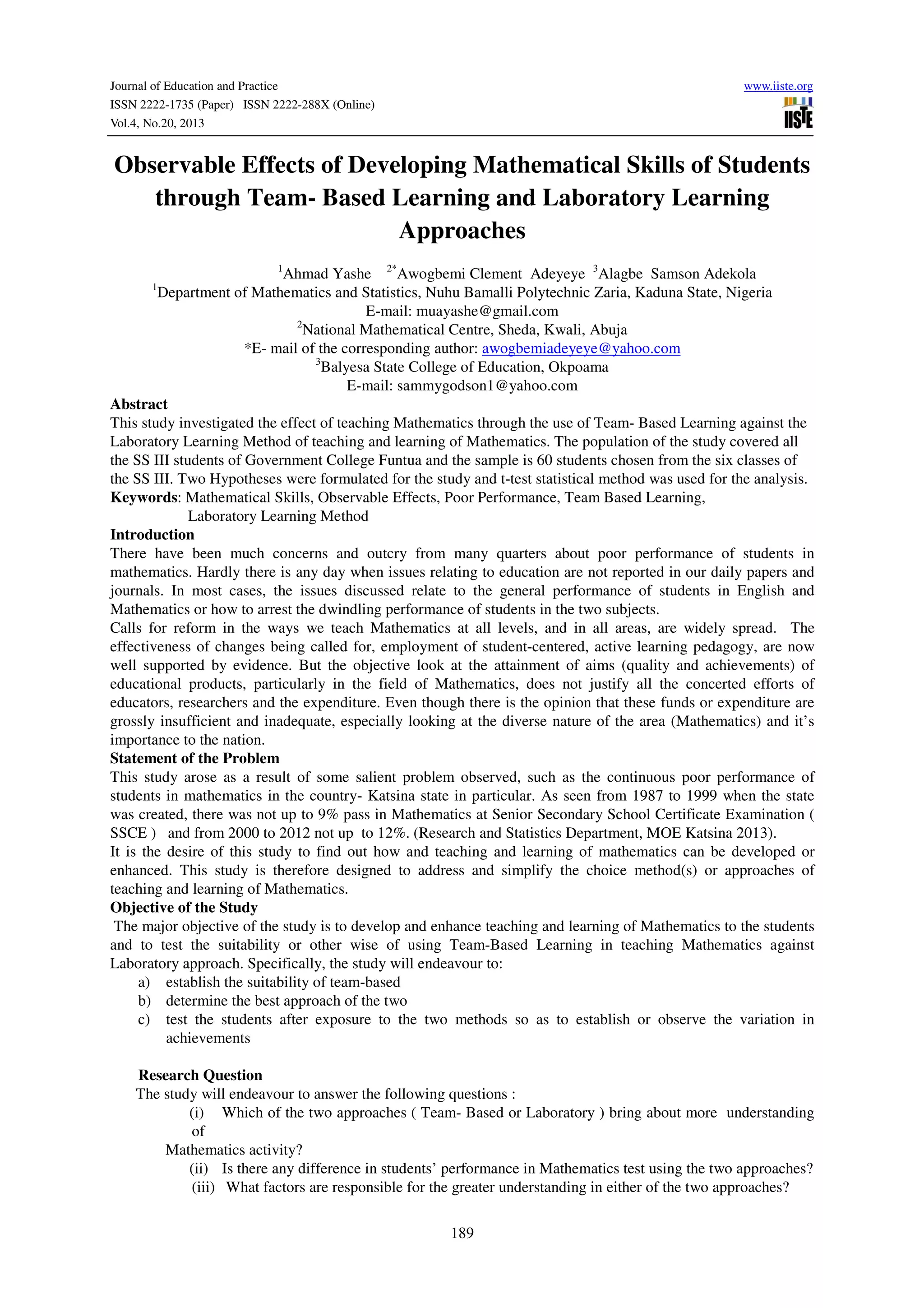 Observable effects of developing mathematical skills of students through team based learning and ...