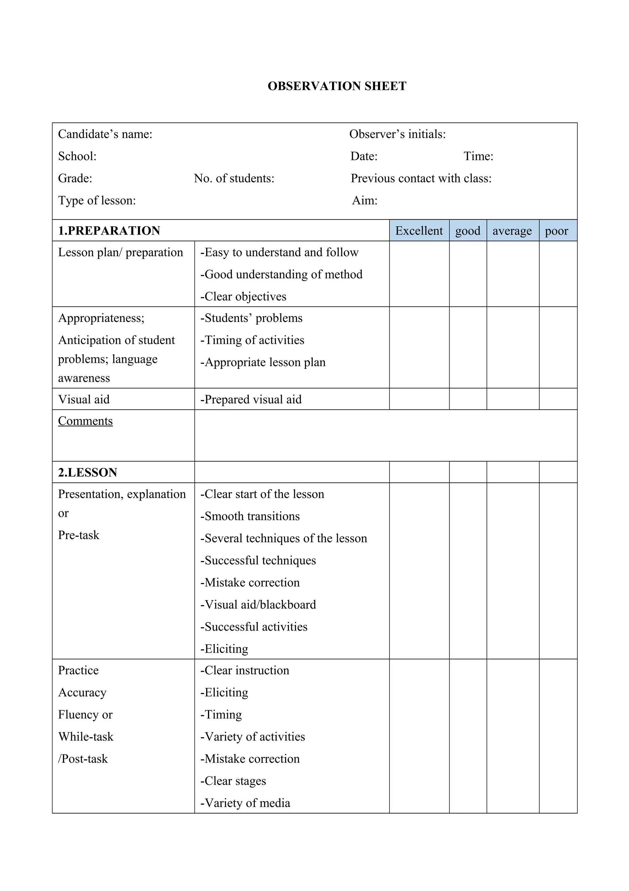 Observation sheet for teaching | DOC