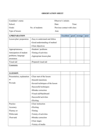 Observation sheet for teaching | DOC