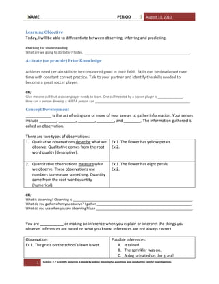 Observation and prediction pretest | PDF