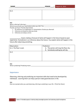 Observation and prediction pretest | PDF