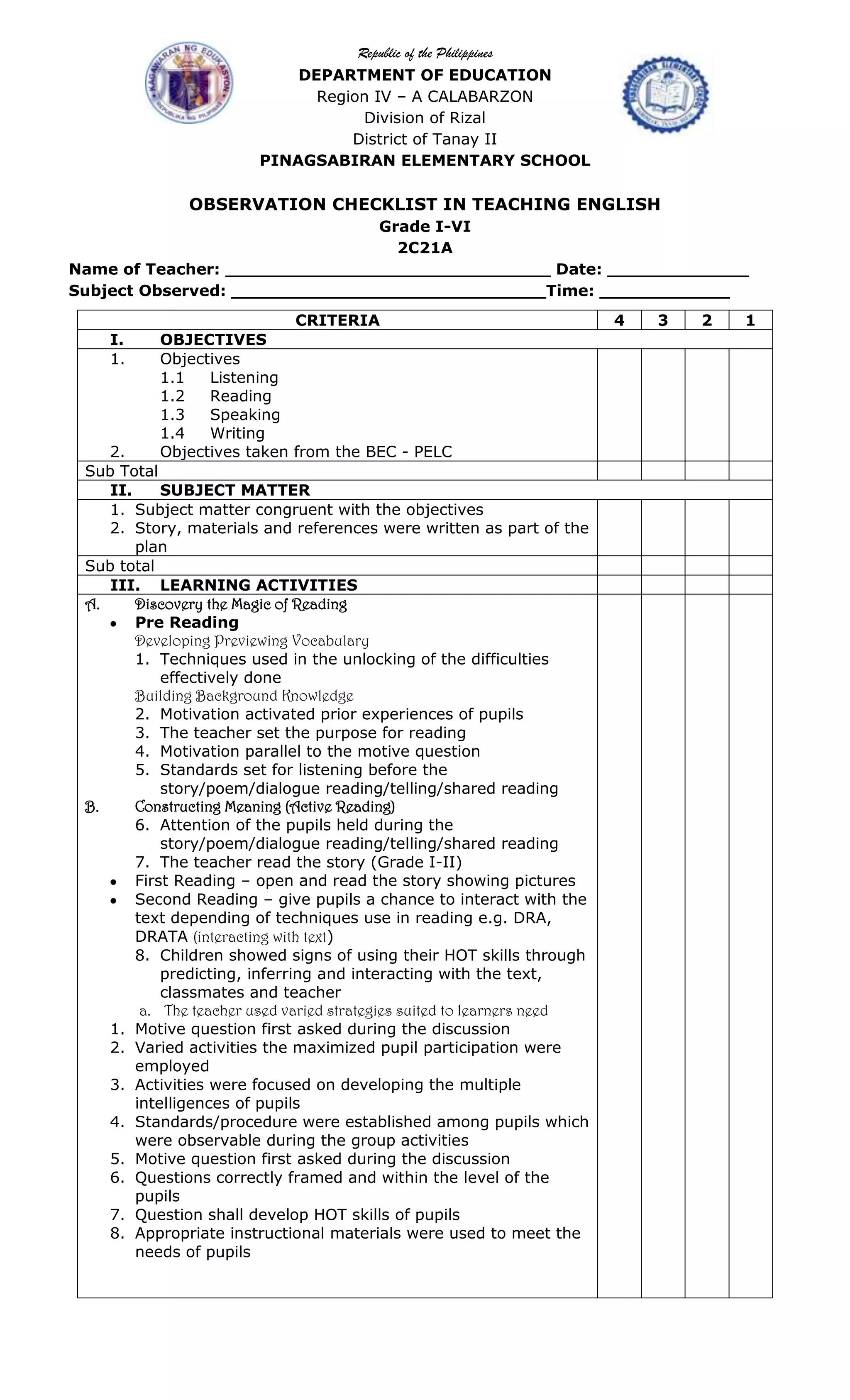Observation checklist english | DOCX