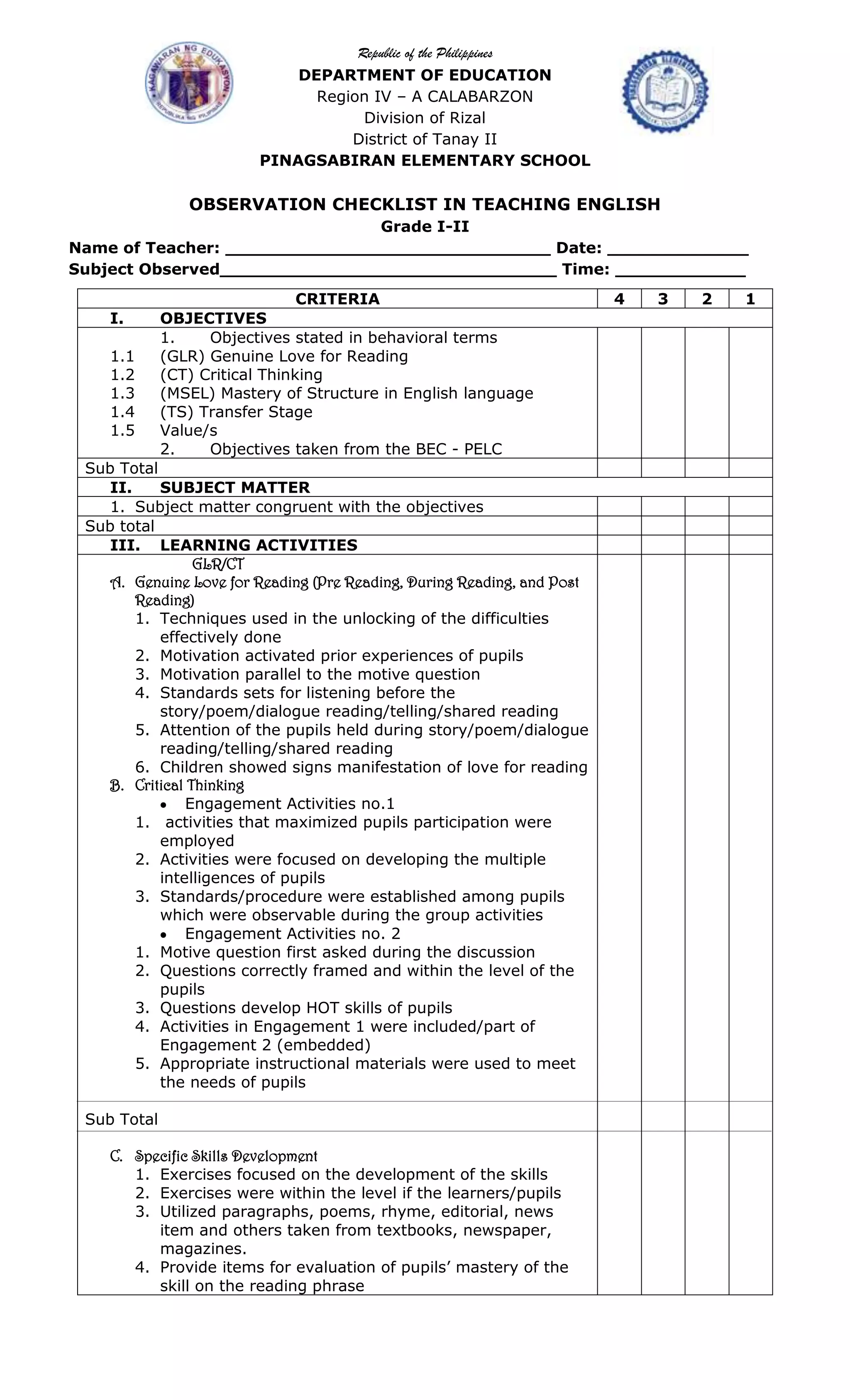 Observation checklist english | DOCX | Educational Assessment | Education
