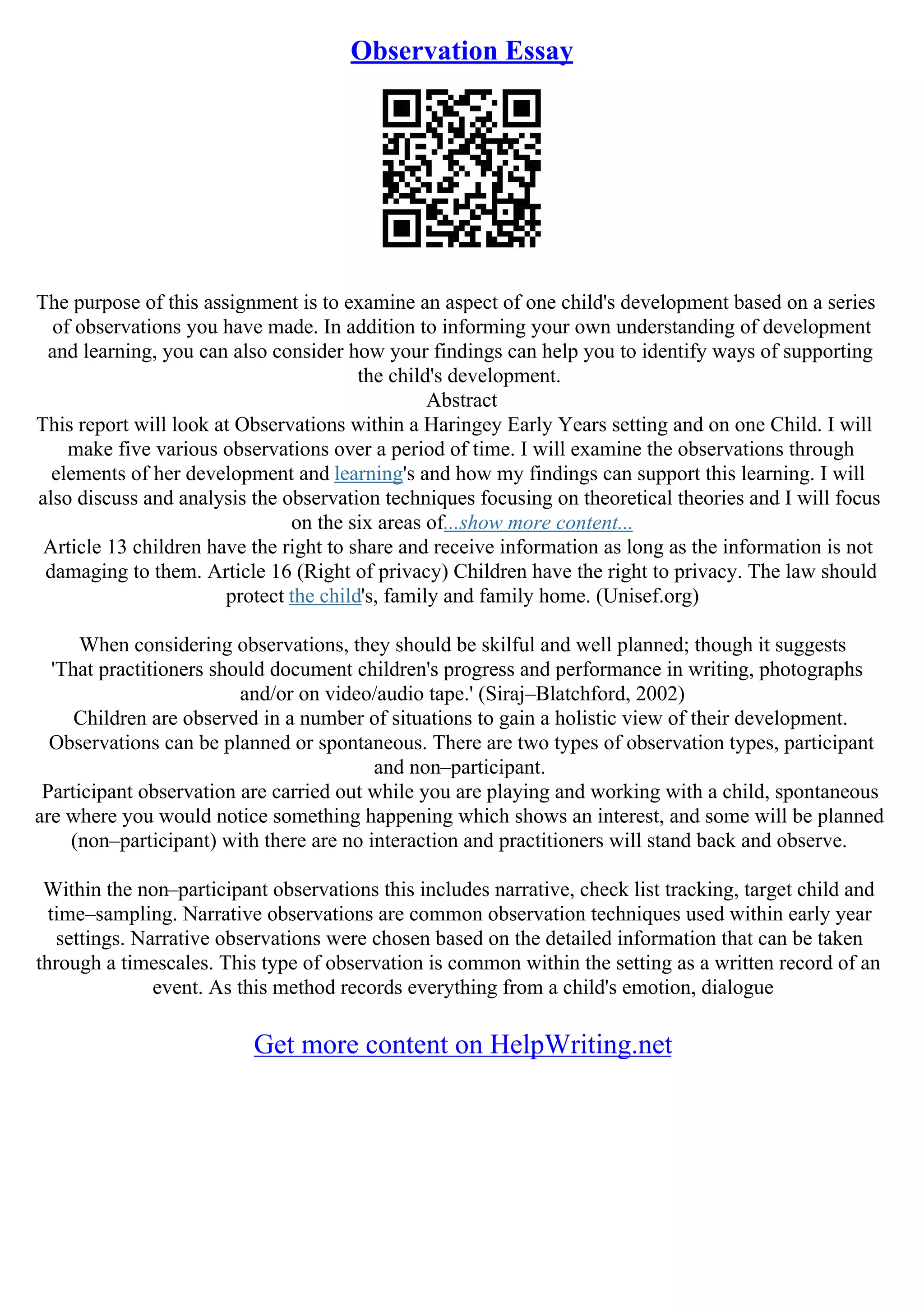 Observation Essay Ideas | PDF | Daycare and Pre-School | Parenting