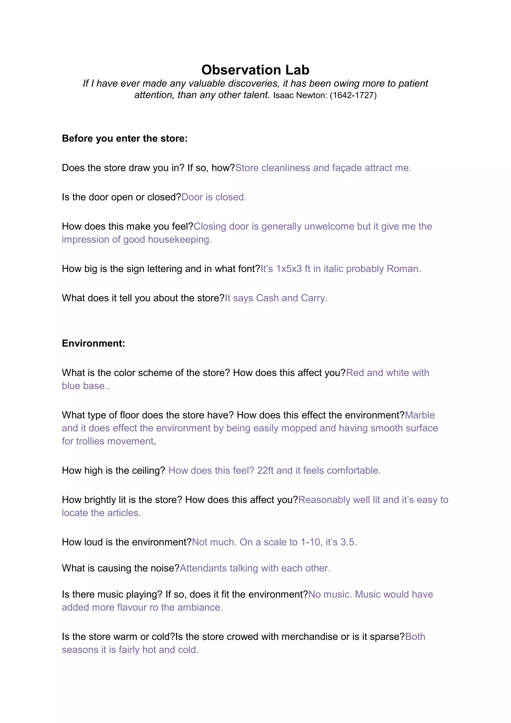 Observation lab assignment | PDF