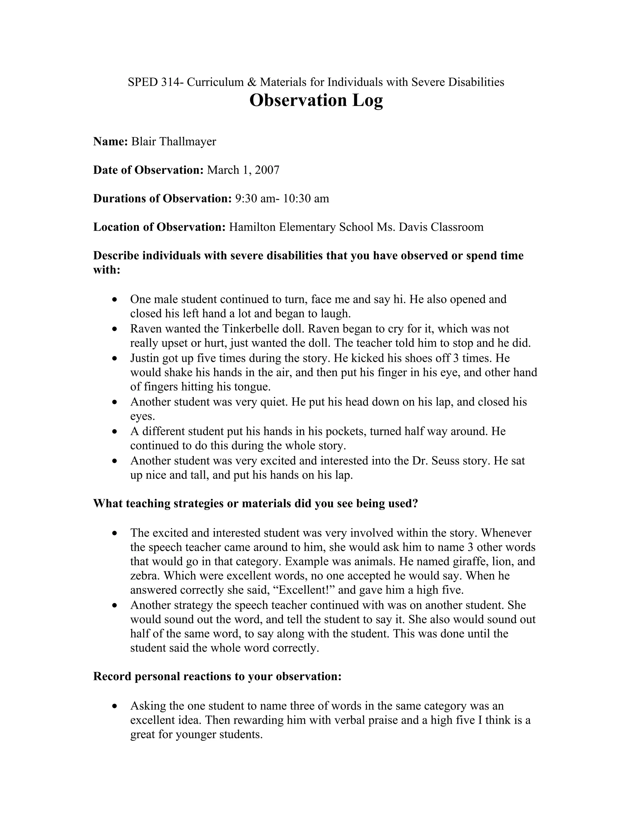 Severe Disabilities Observation Log | DOC | Special Needs Kids | Parenting