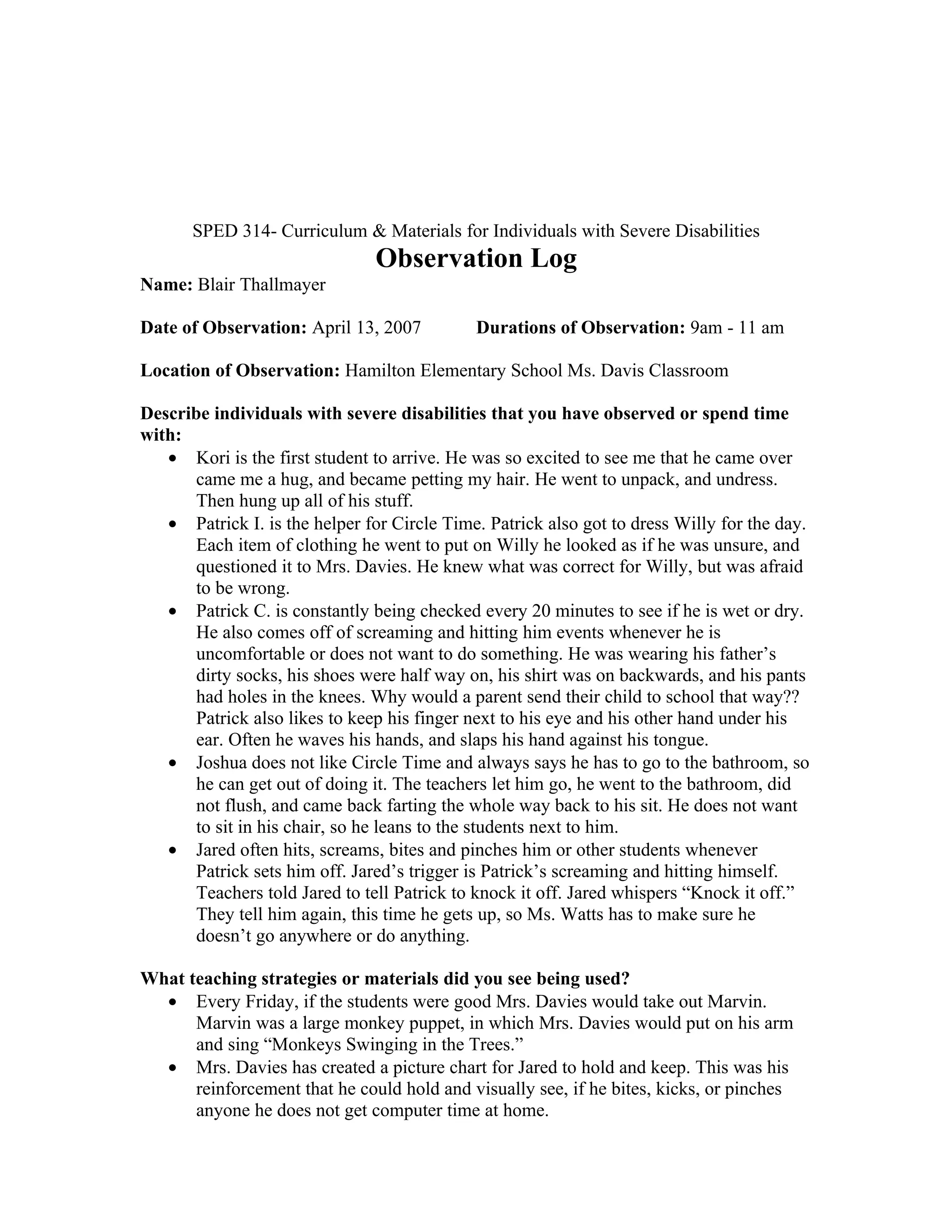 Severe Disabilities Observation Log | DOC | Special Needs Kids | Parenting