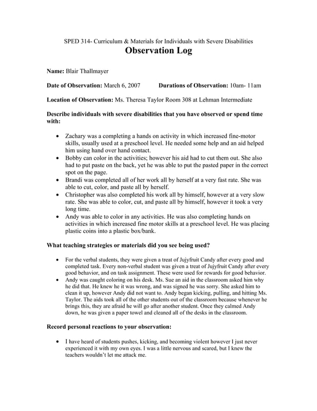 Severe Disabilities Observation Log | DOC | Special Needs Kids | Parenting