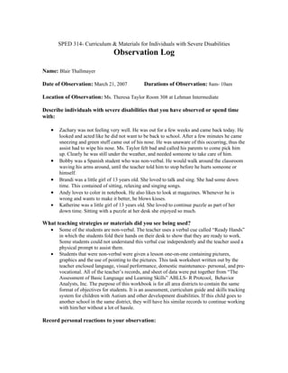 Severe Disabilities Observation Log | DOC