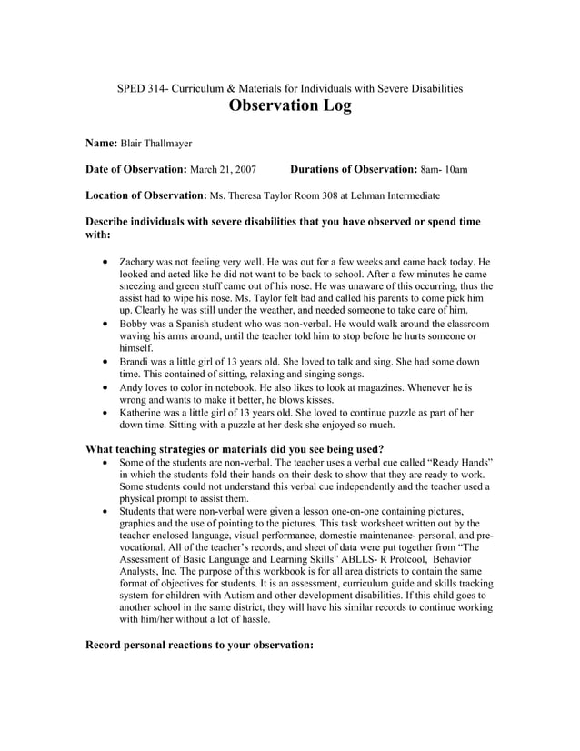 Severe Disabilities Observation Log | DOC | Special Needs Kids | Parenting