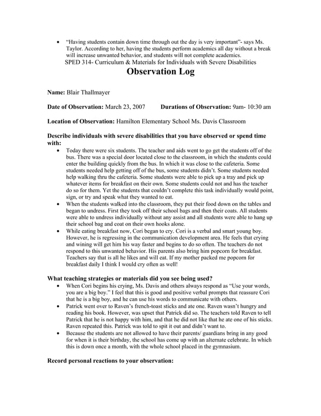 Severe Disabilities Observation Log | DOC | Special Needs Kids | Parenting
