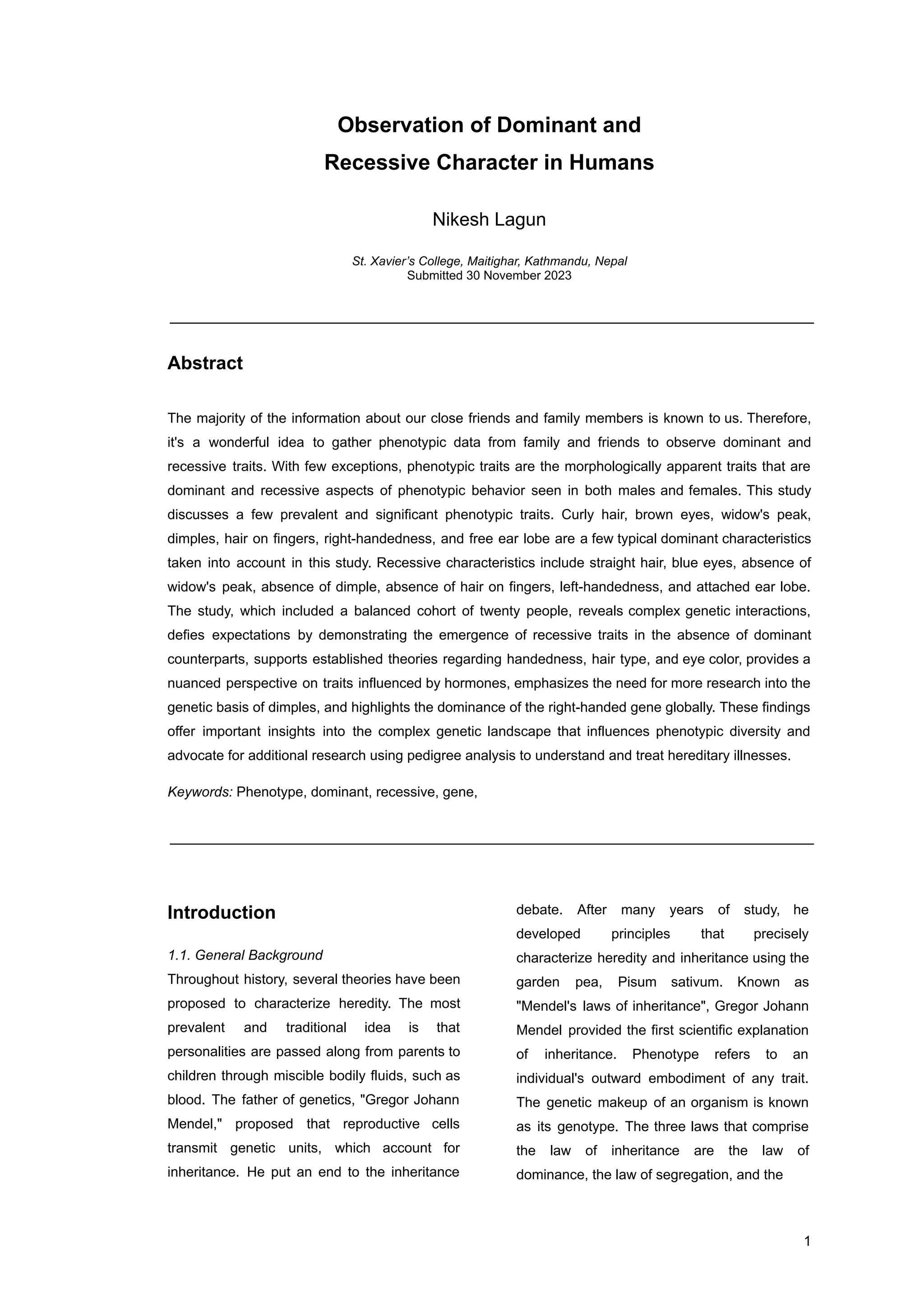 Observation of Dominant and Recessive Character in Humans | PDF