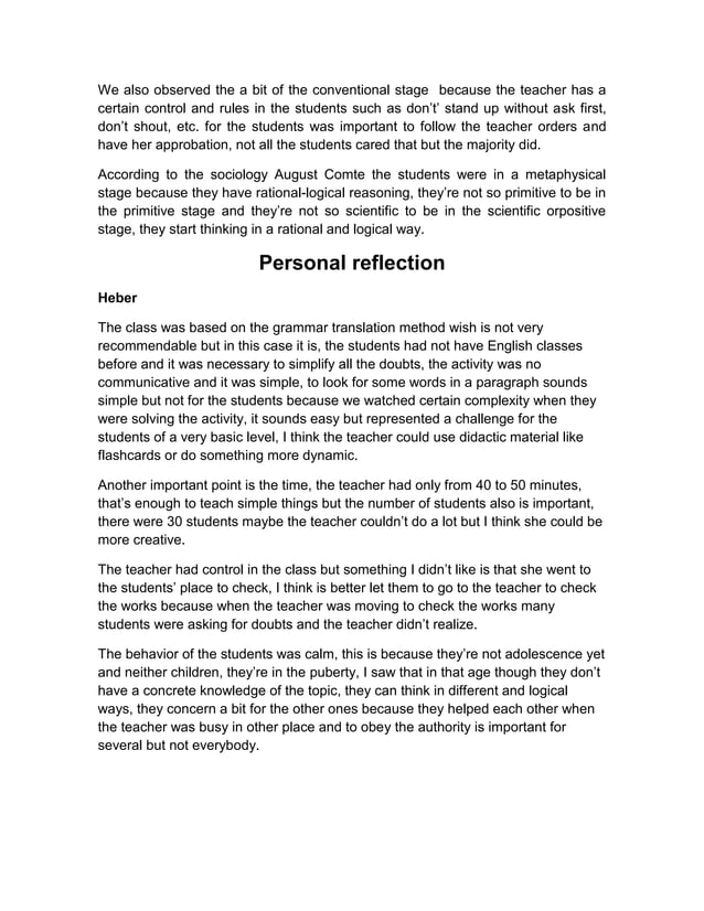 Observation reflection | DOCX | Homework and Study | Education