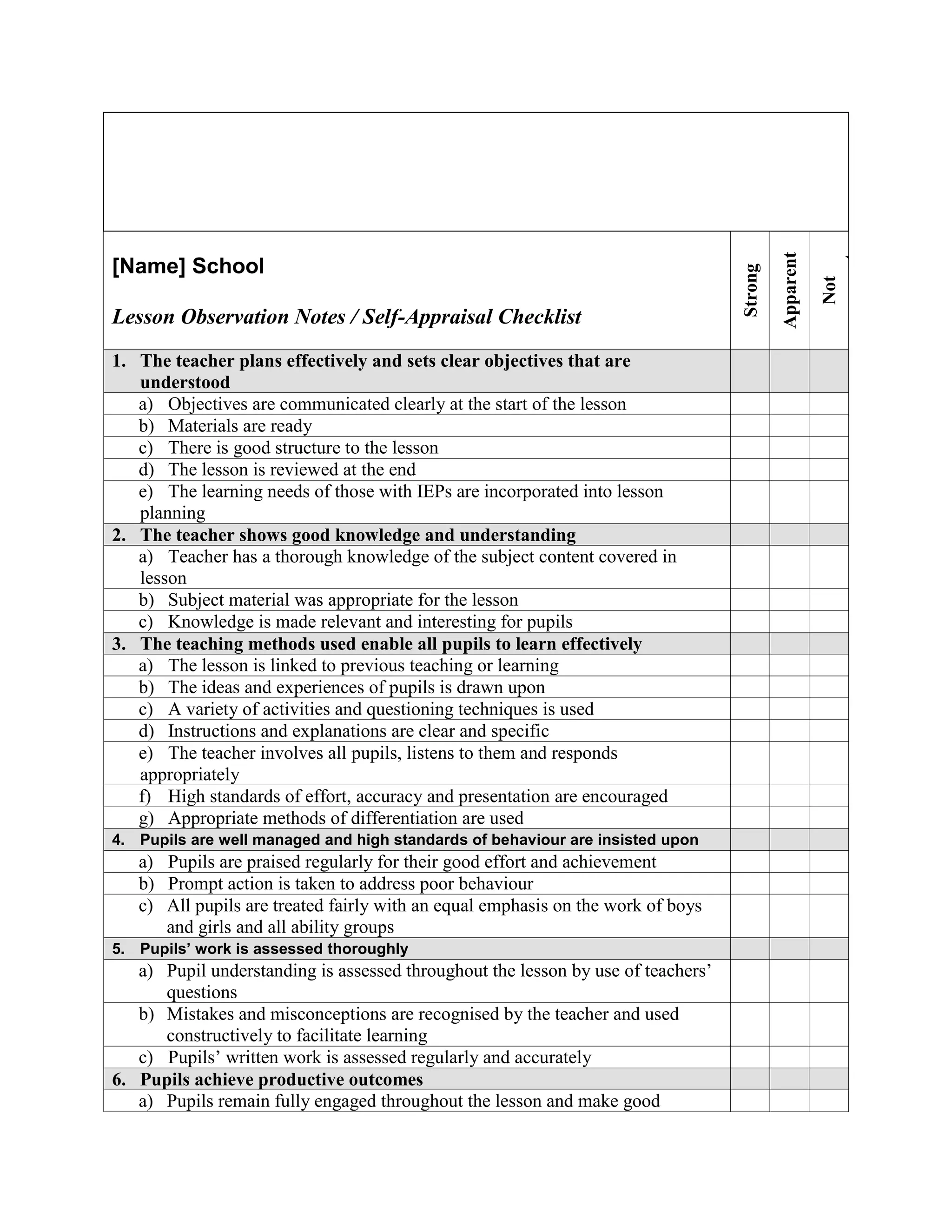 Observation Sheet For Teachers | PDF