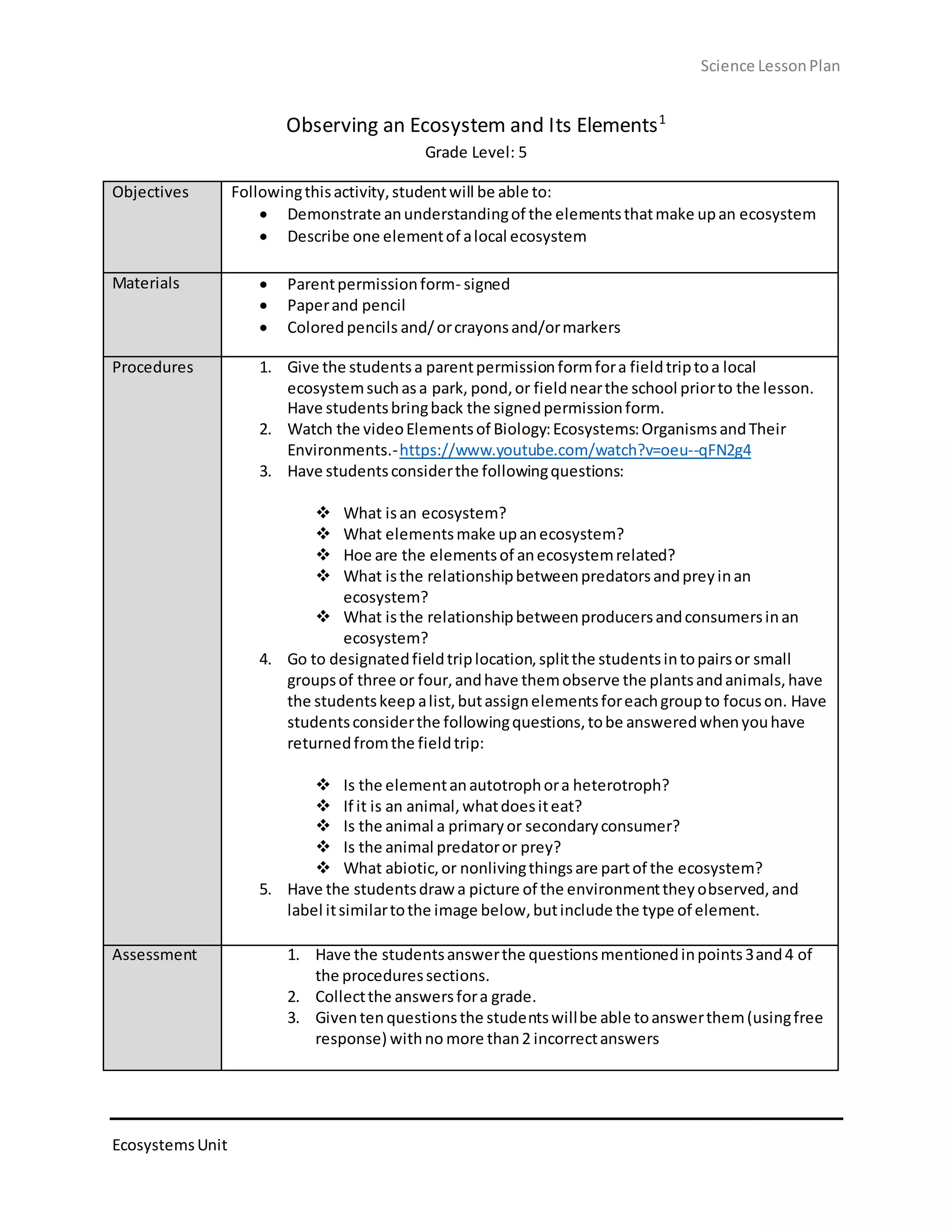 Observing an ecosystem and its elements | DOCX