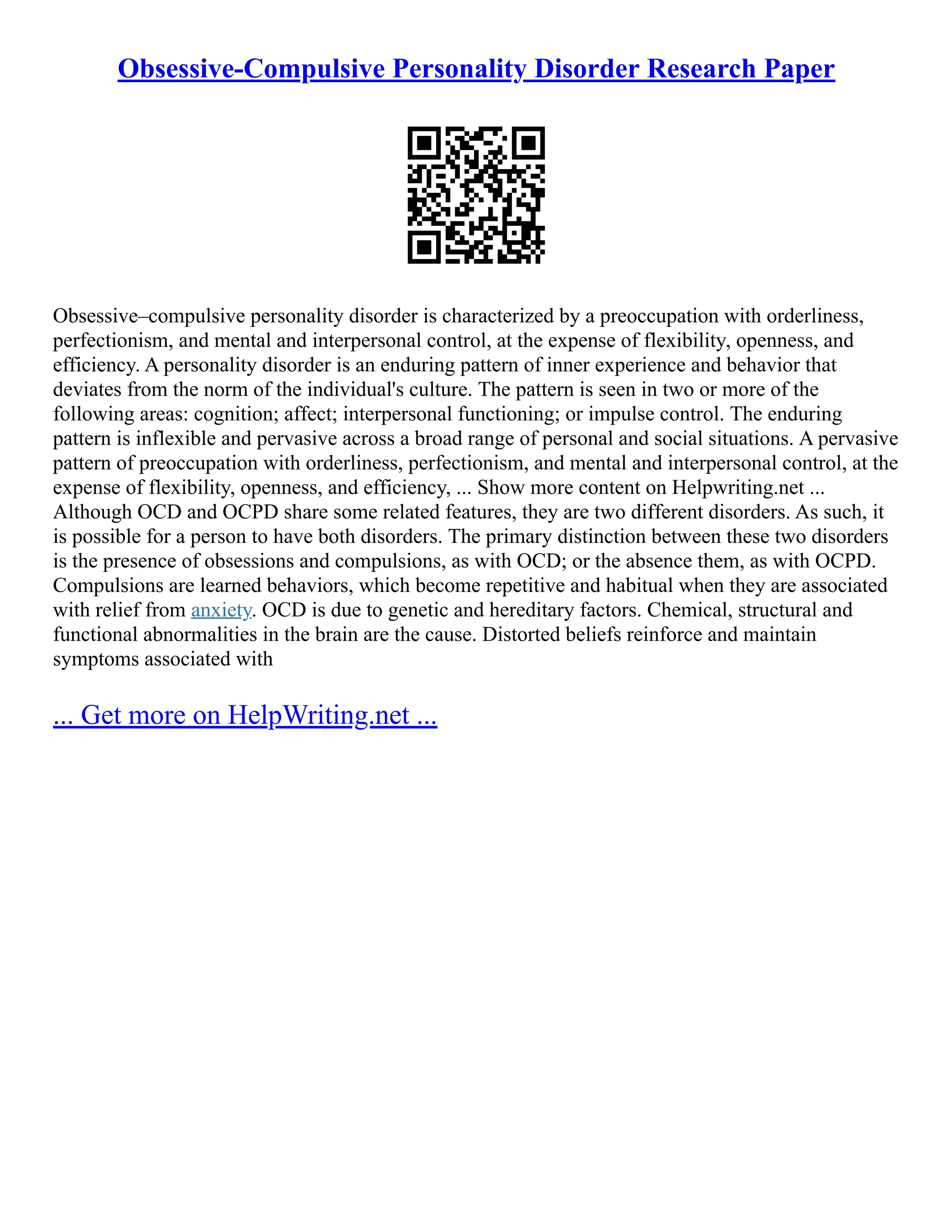 Obsessive-Compulsive Personality Disorder Research Paper | PDF