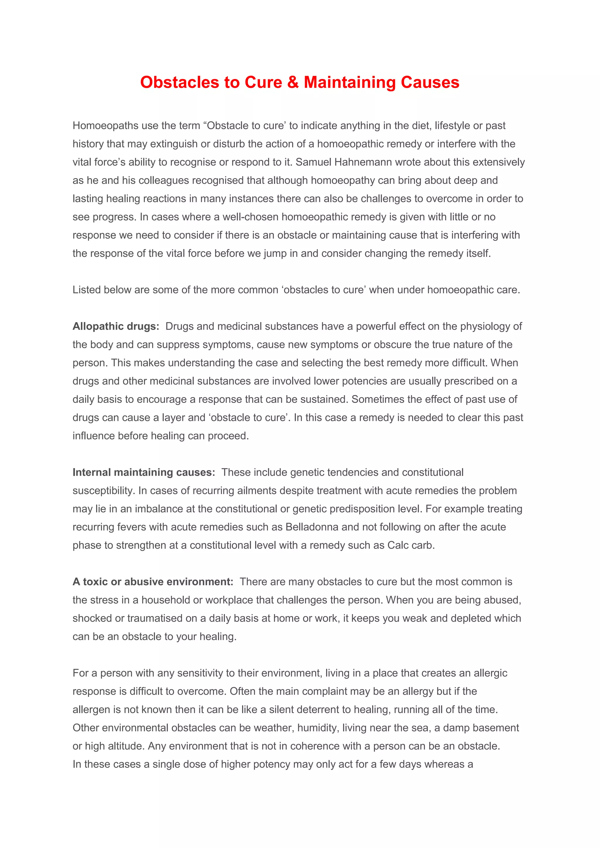 Understanding Homeopathy - Obstacles to Cure and Maintaining Causes | DOCX