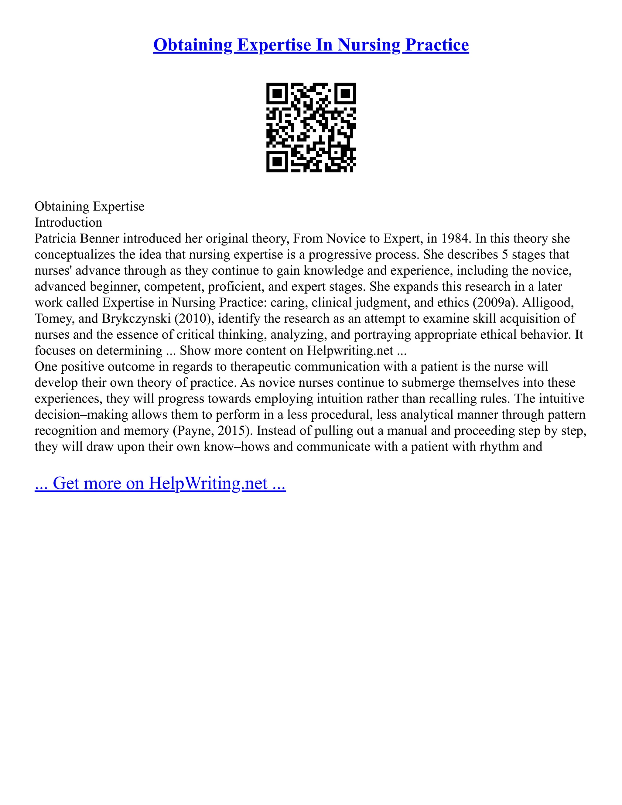 Obtaining Expertise In Nursing Practice | PDF