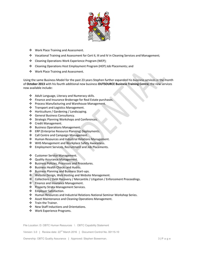 Obtc capability statement | PDF | Vocational Training | Careers
