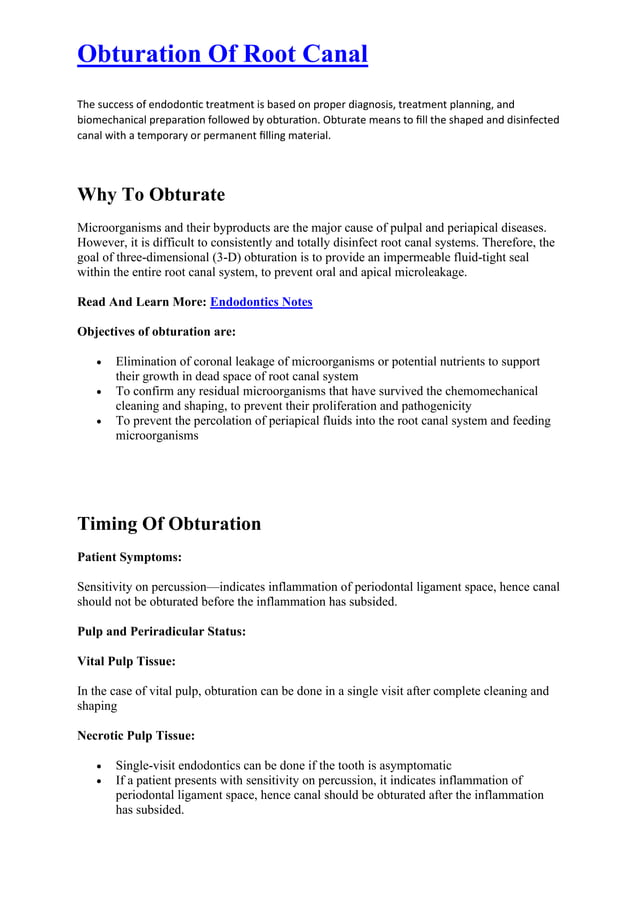 Obturation Of Root Canal Obturation Of Root Canal | PDF | Dental Health | Diseases and Conditions