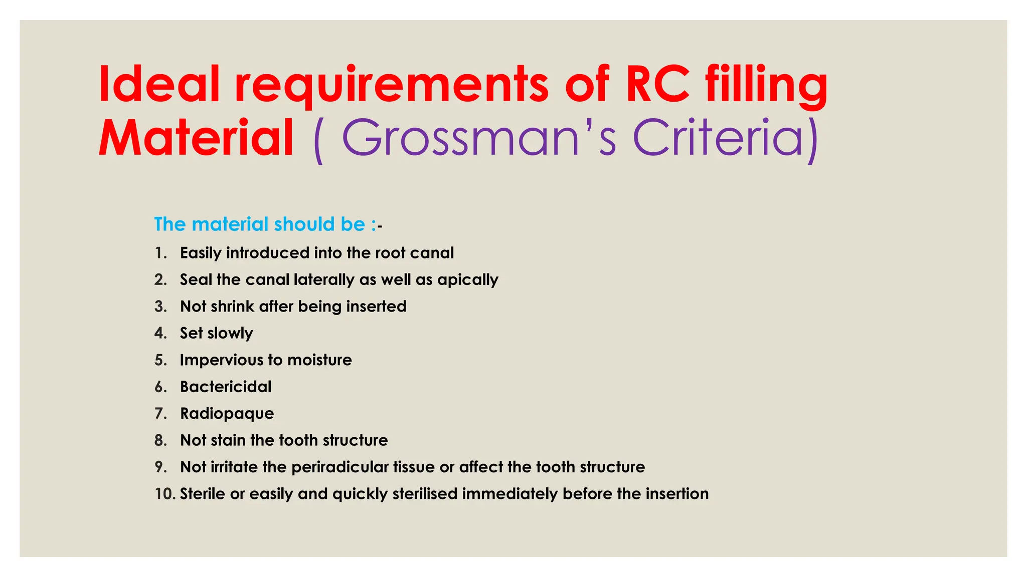 Obturation of the Radicular Space in Endodontics Grossmann | PPTX