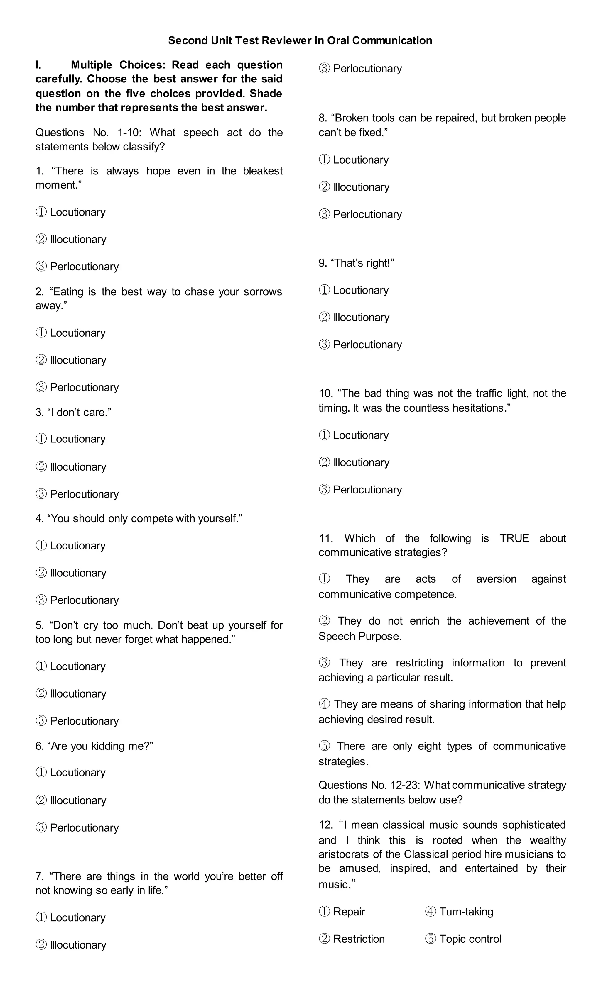 Oral Communication Speech Acts - Communicative Strategies | DOCX
