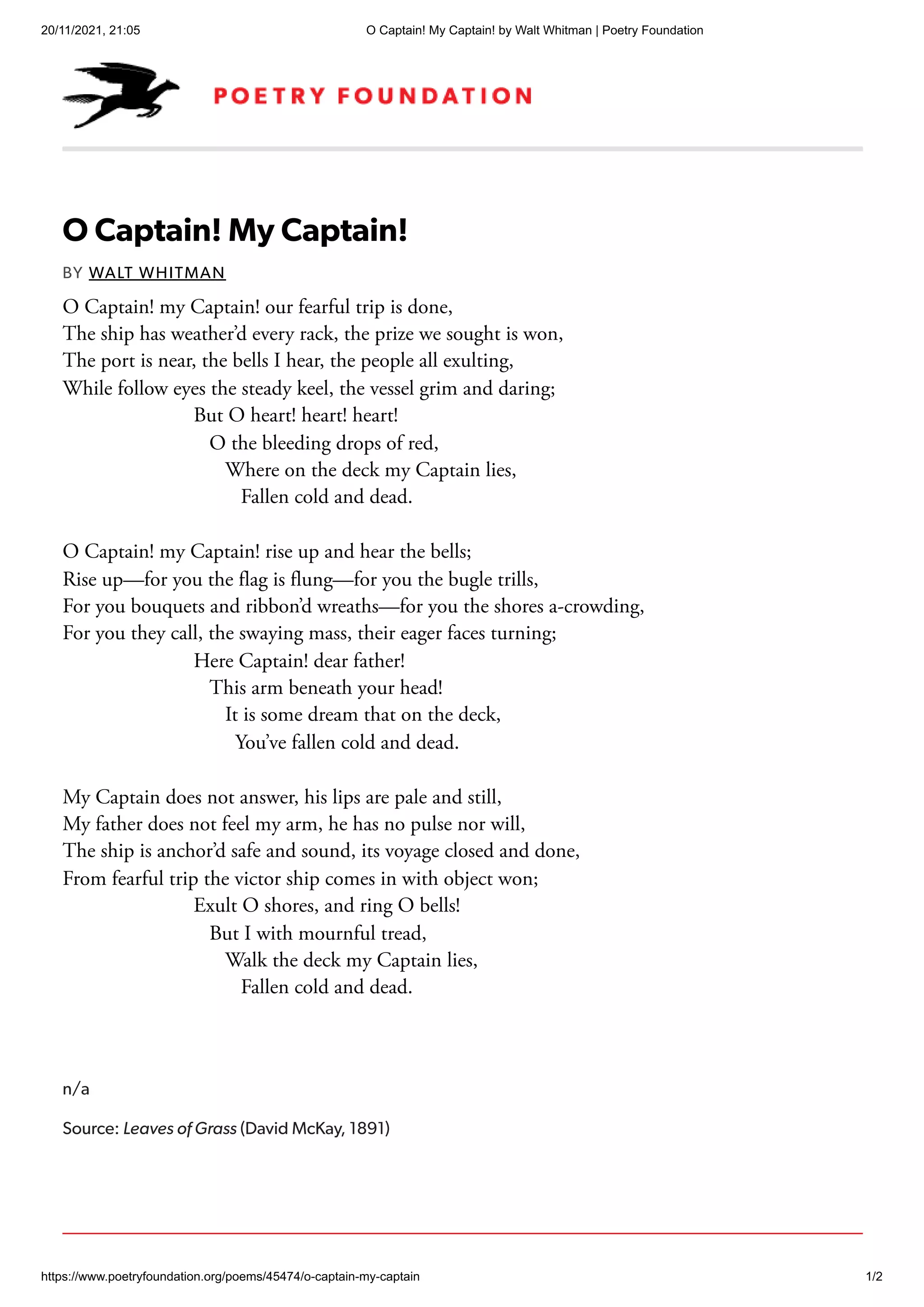 O captain! my captain! by walt whitman poetry foundation | PDF