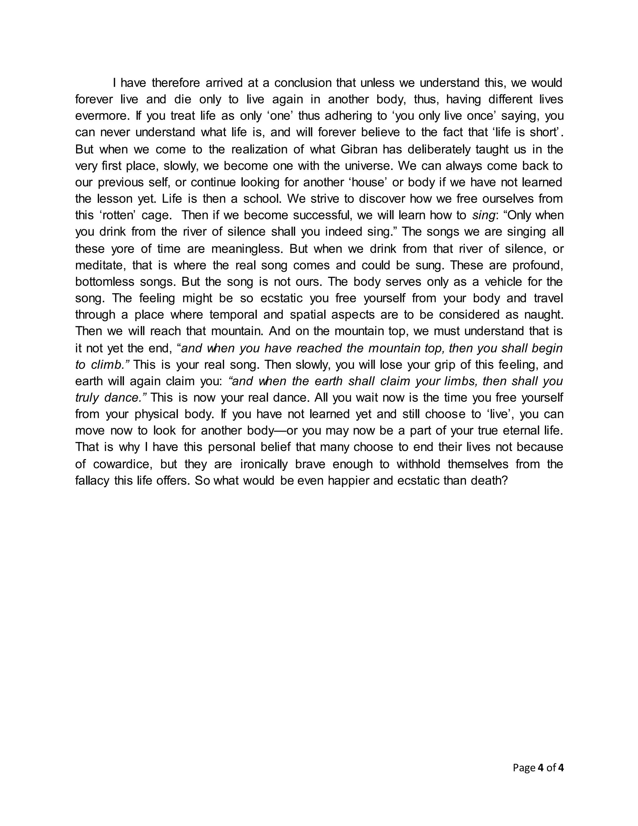 The Prophet (Kahlil Gibran): A Critique Paper | DOCX